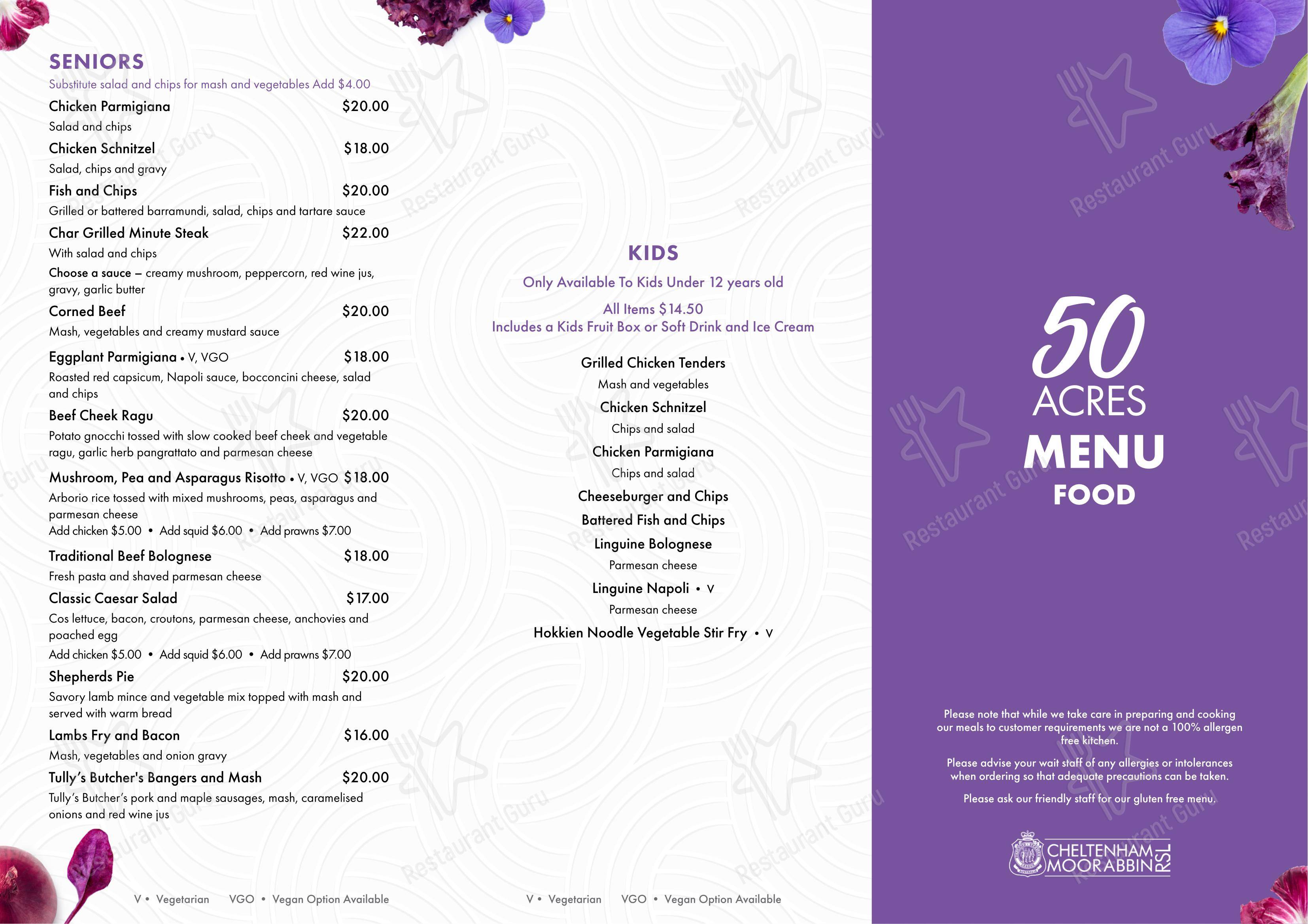 Menu at Cheltenham Moorabbin RSL club, Cheltenham