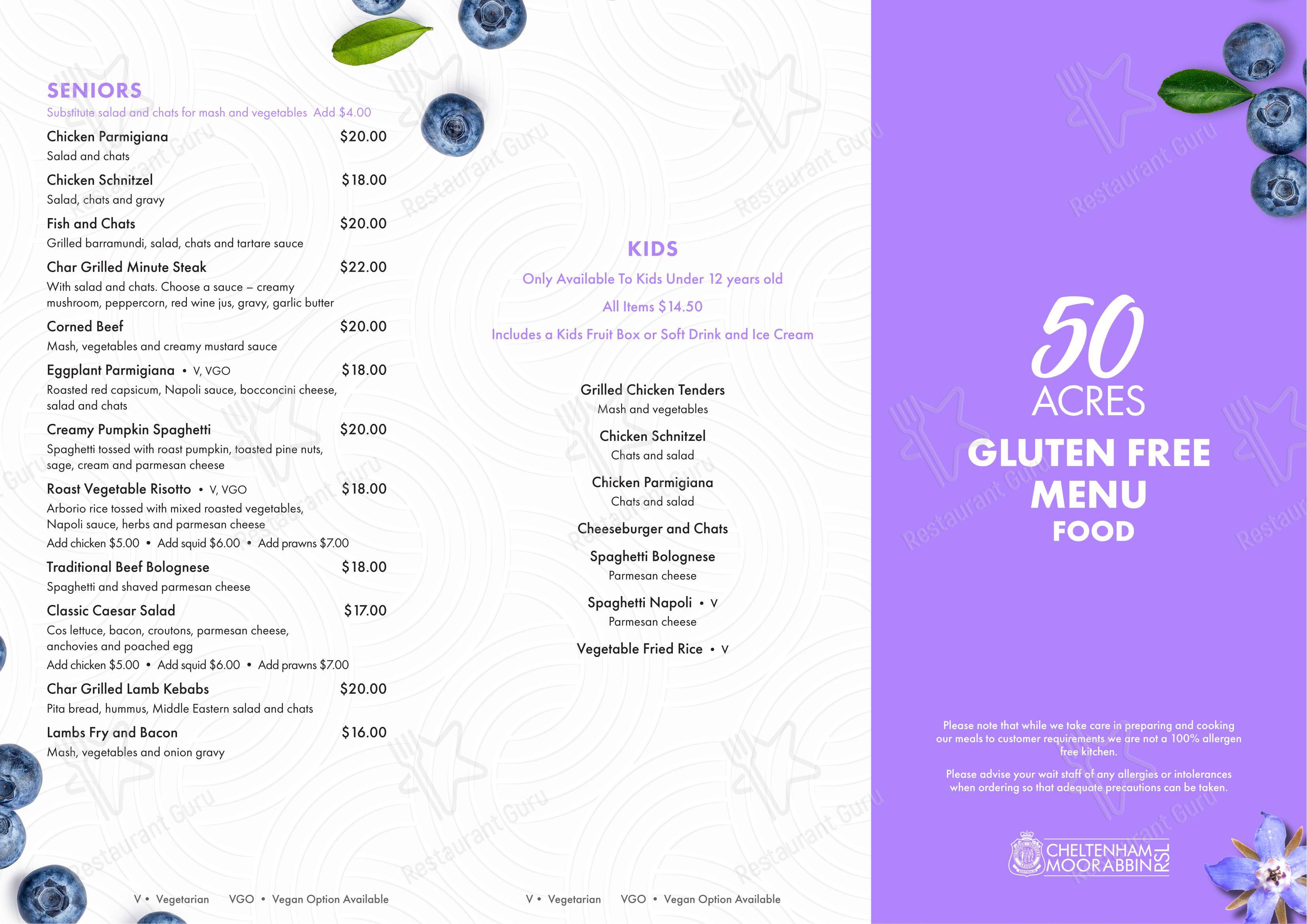 Menu at Cheltenham Moorabbin RSL club, Cheltenham