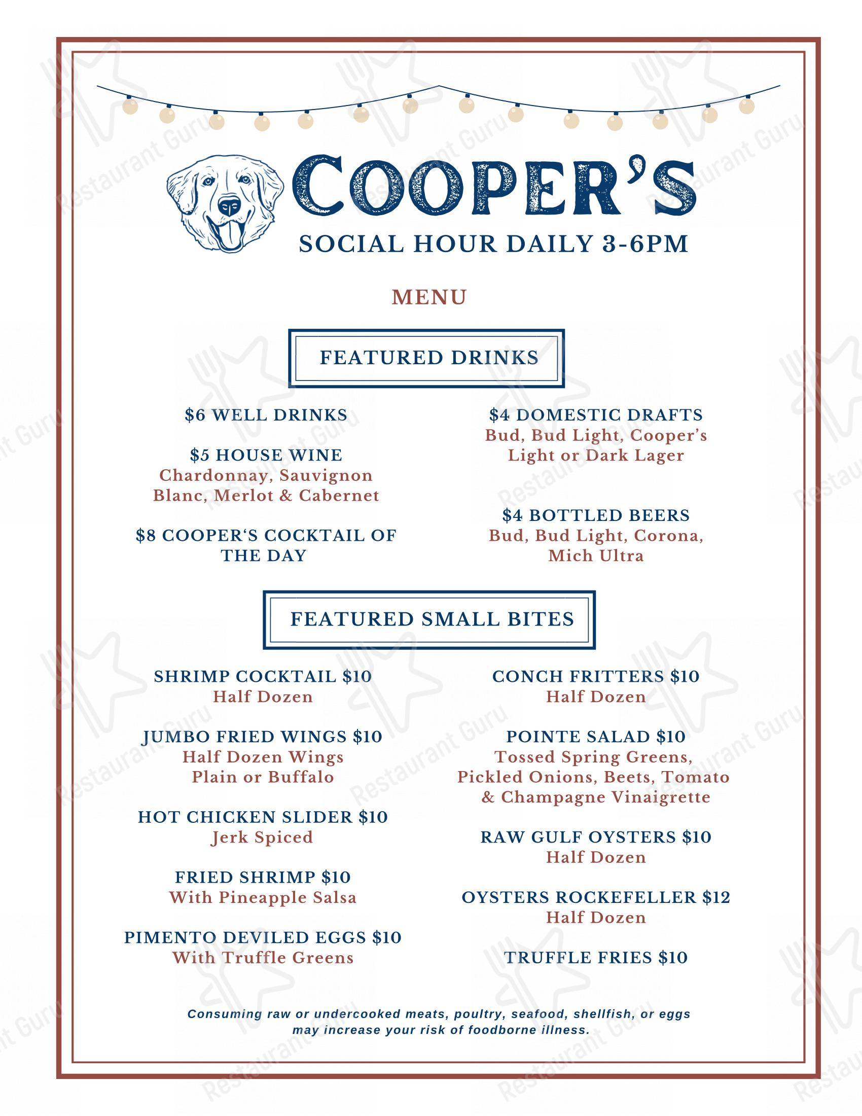 Menu at Cooper's Chop House & Seafood steakhouse, Vero Beach
