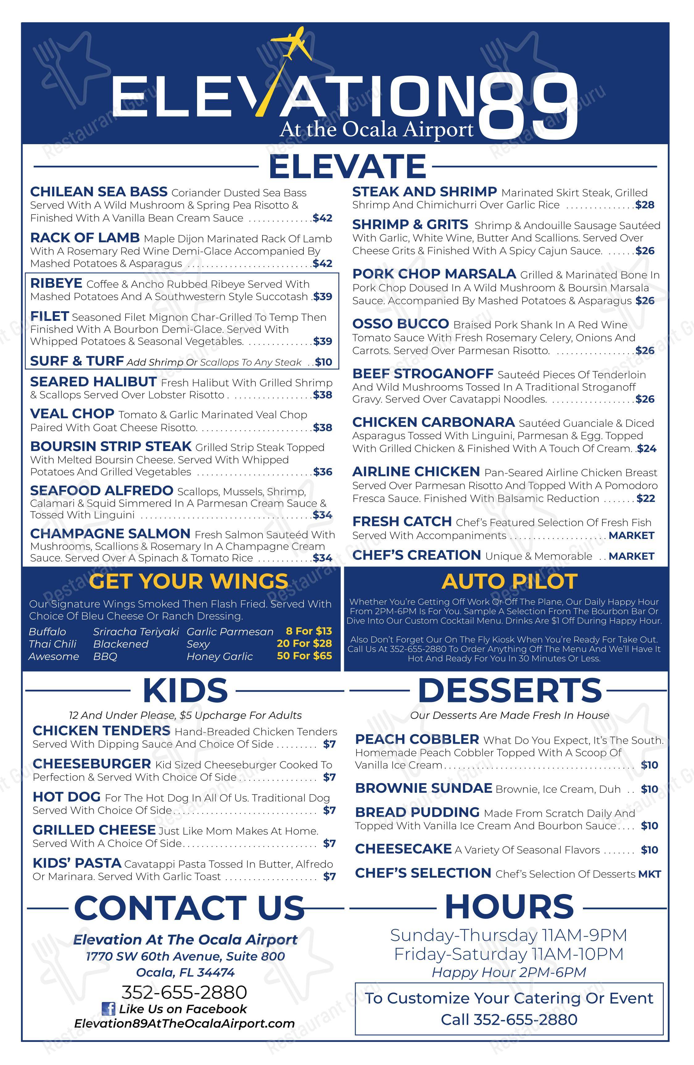 Menu at Elevation 89 restaurant, Ocala