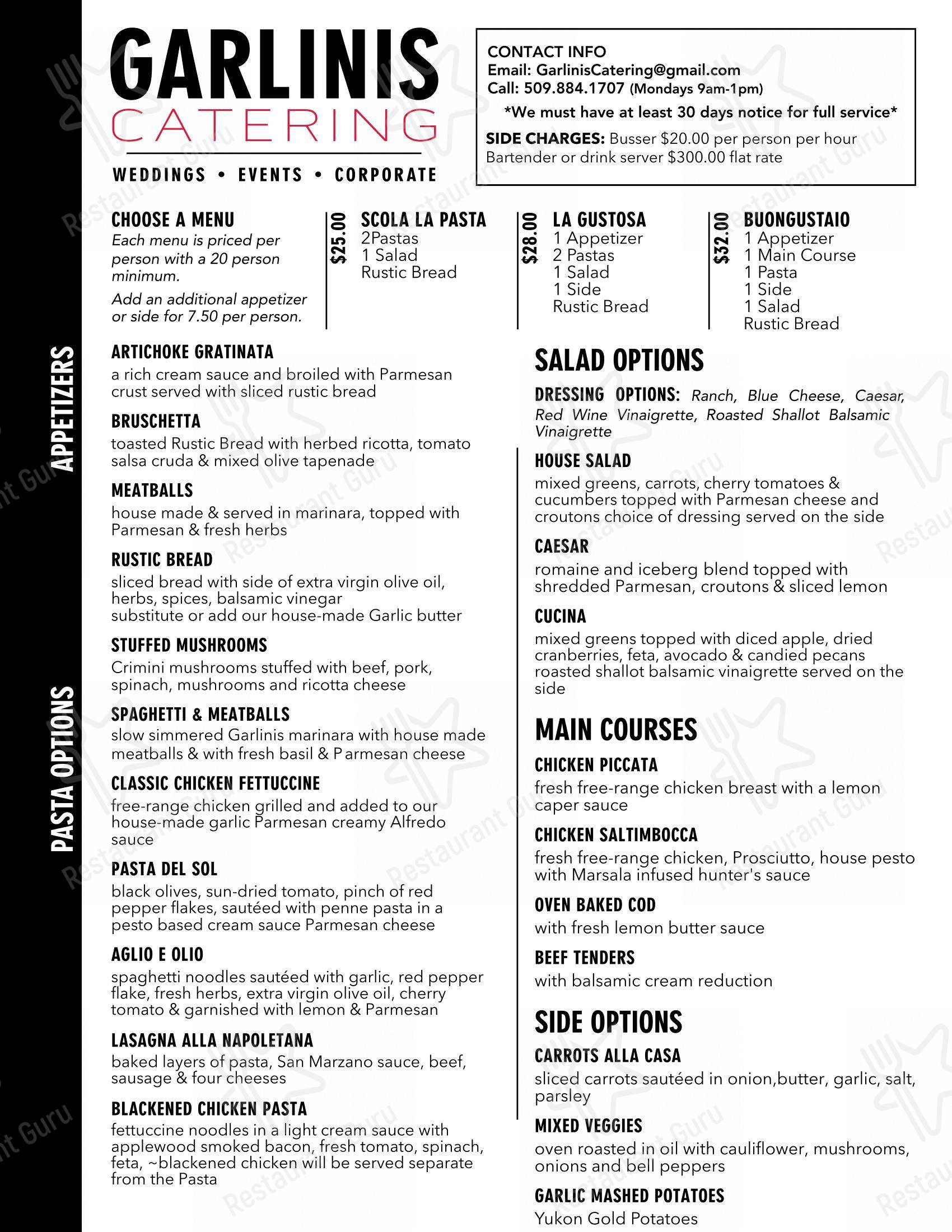 Menu at Garlini's Napoletana pub & bar, Wenatchee