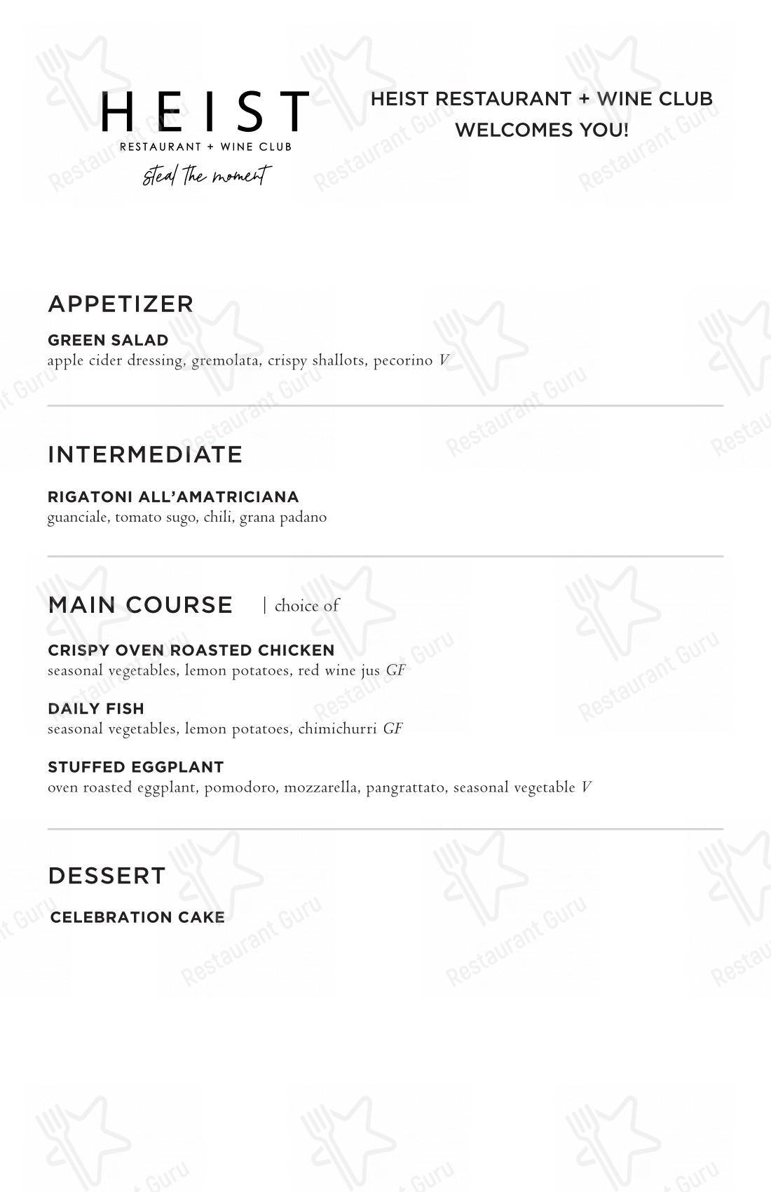 Menu at HEIST Restaurant + Wine Club, Kingston