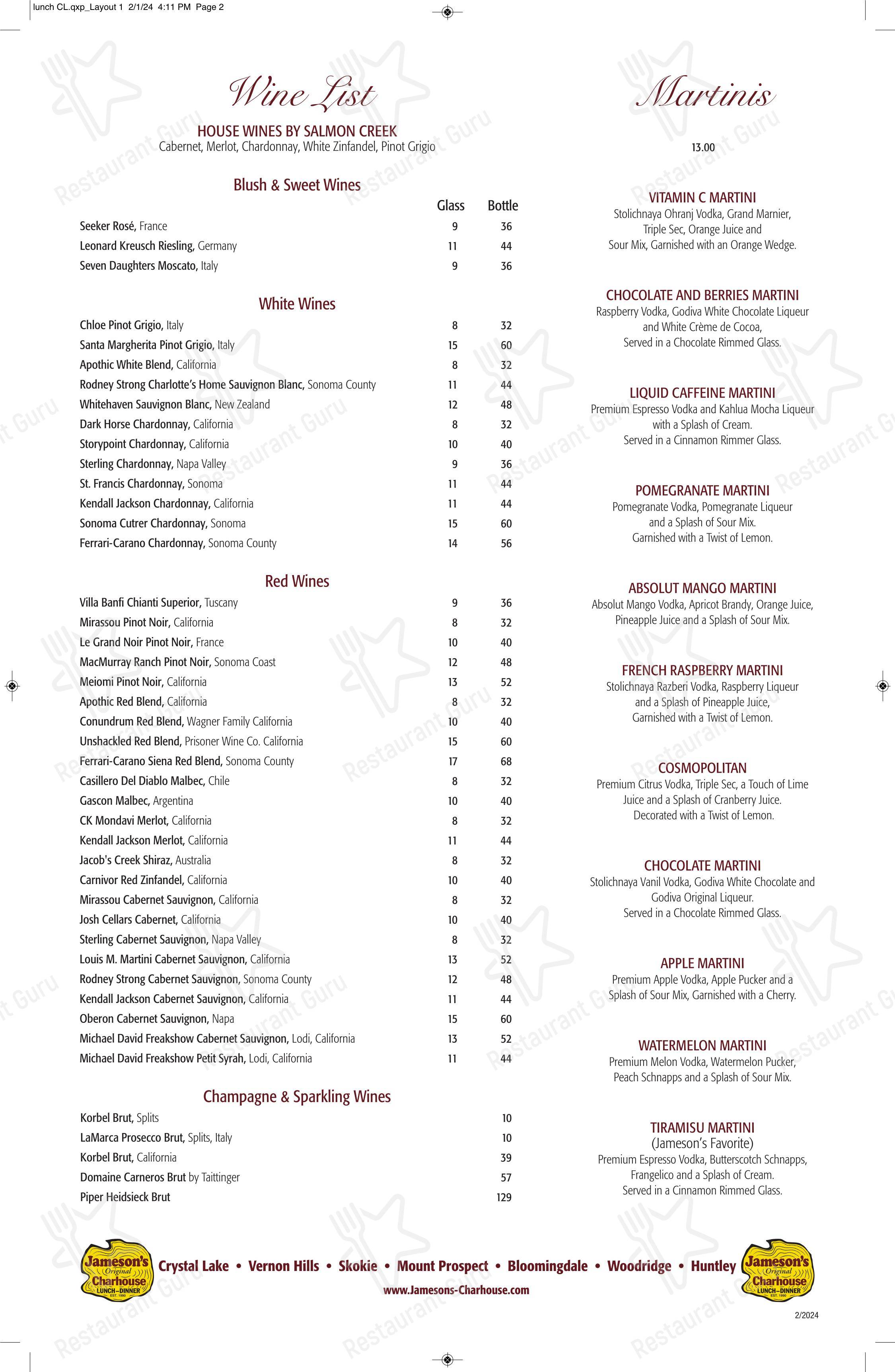 Menu at Jameson's Charhouse steakhouse, Crystal Lake