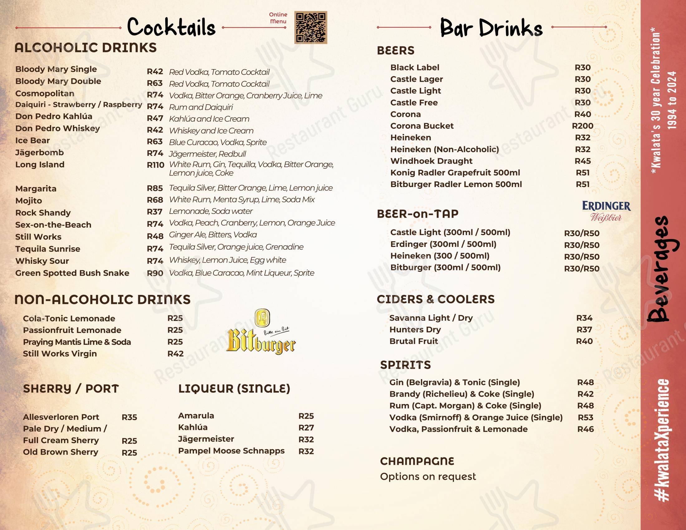 Menu at Kwalata Kubu a la carte Restaurant, South Africa