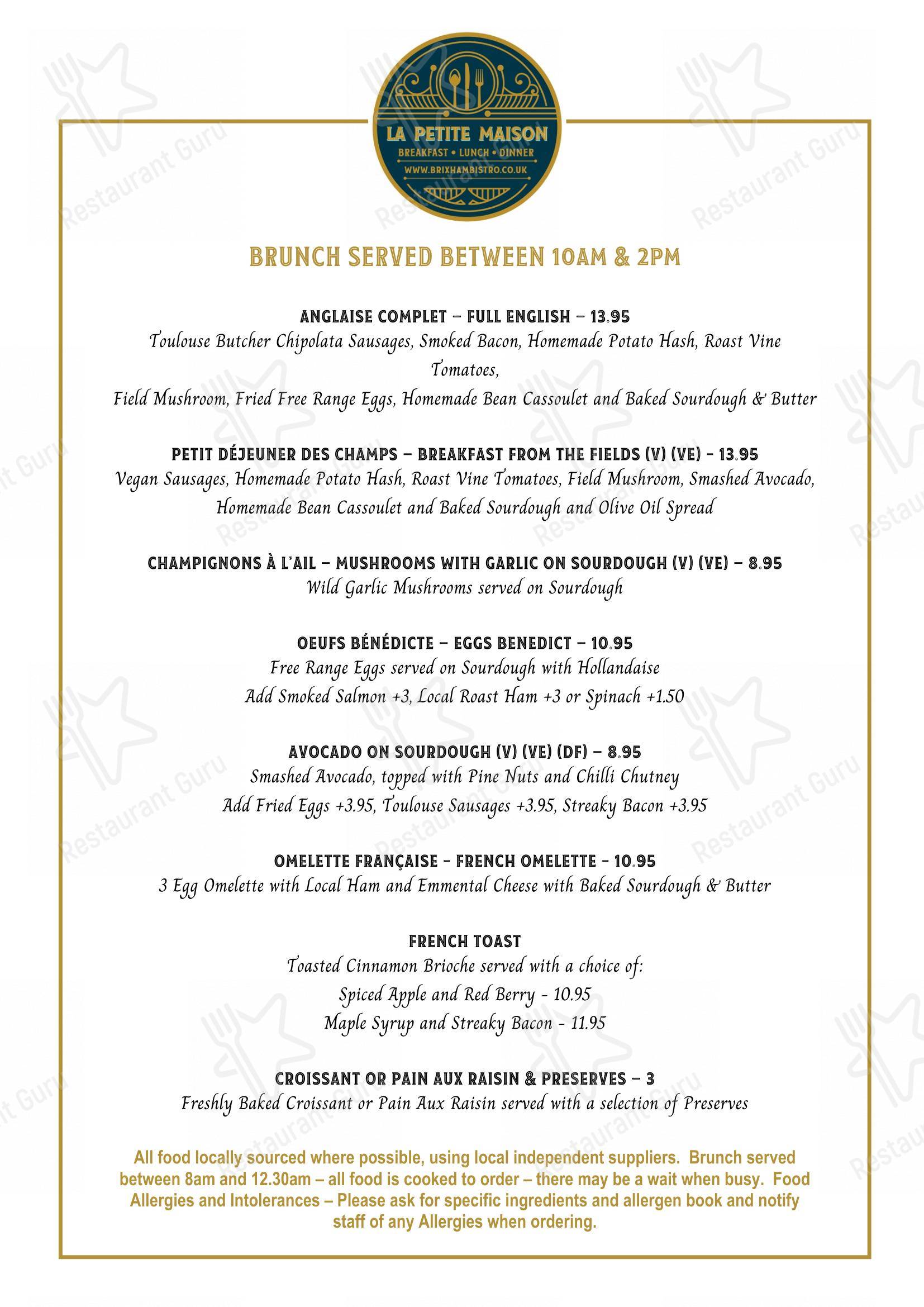 Menu at La Petite Maison, Brixham restaurant, Brixham