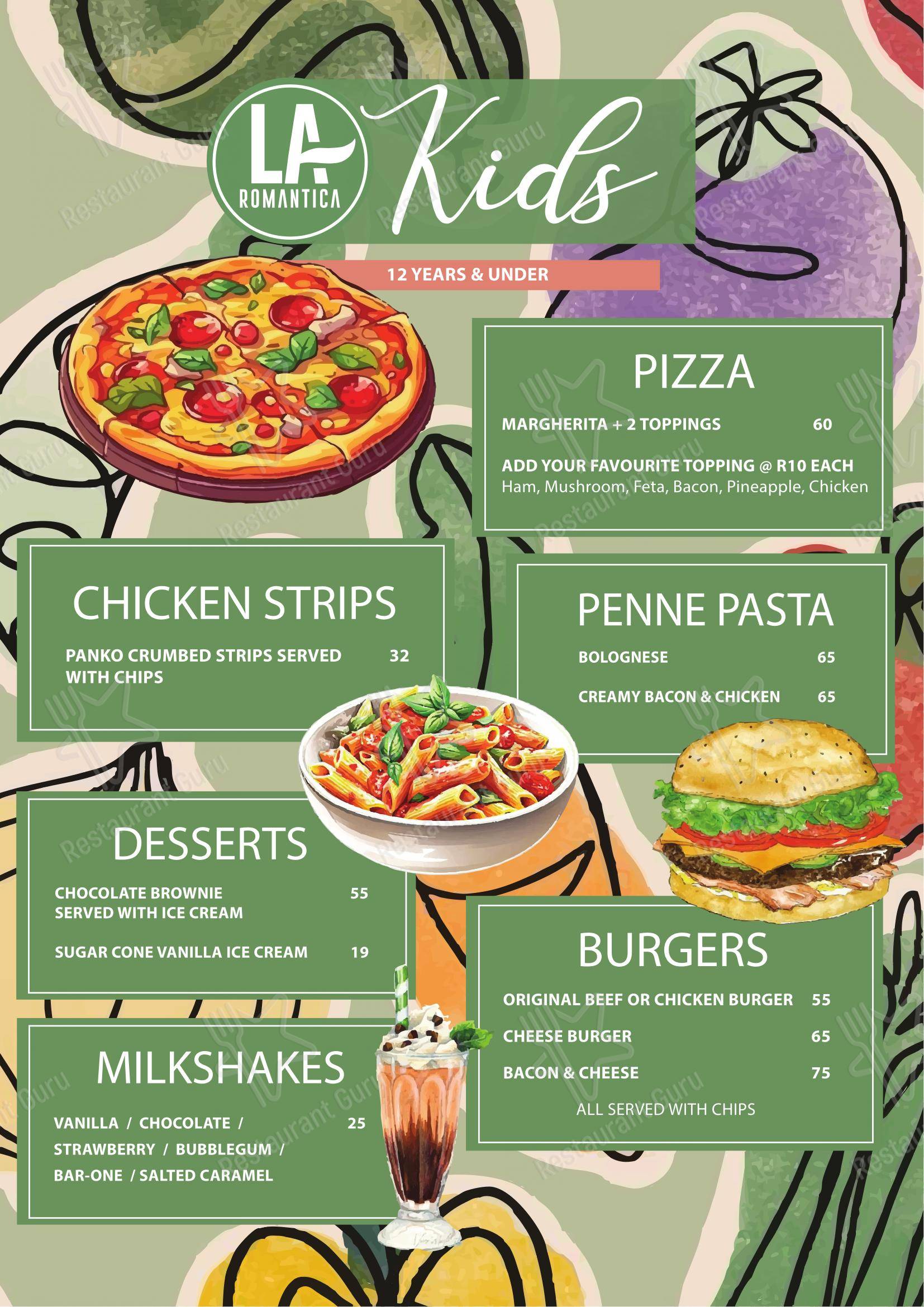 Menu at La Romantica restaurant, Cape Town, Meerendal Wine Estate