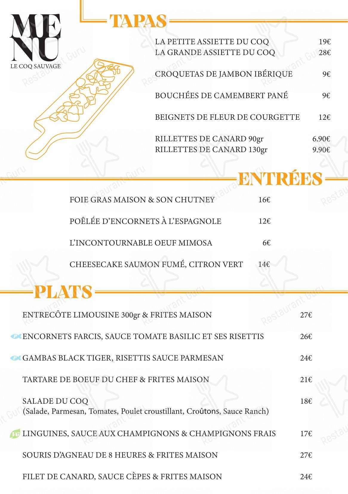 Menu au Le Coq Sauvage restaurant, Saint-Loubès