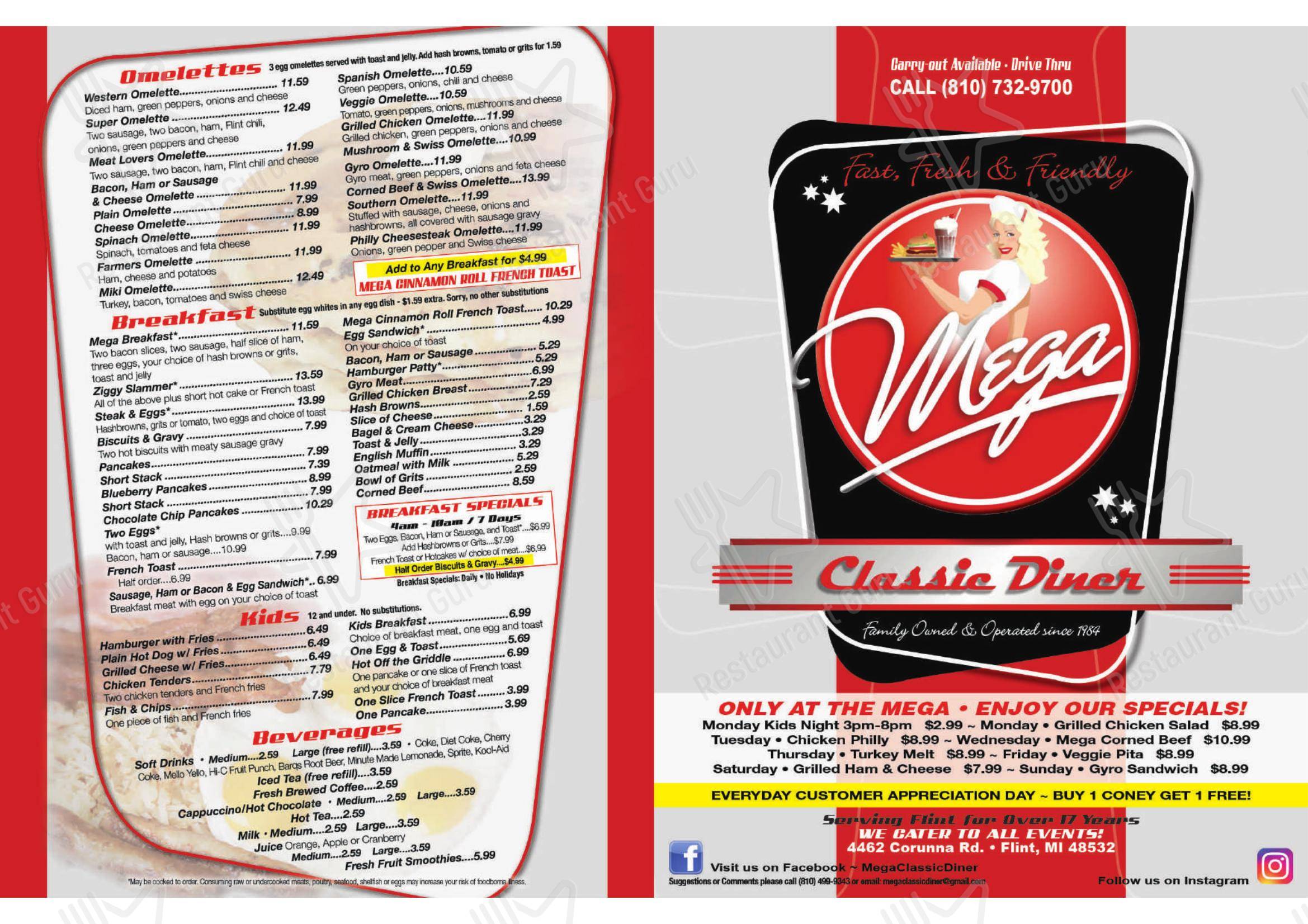 Menu at Mega Classic Diner restaurant, Flint