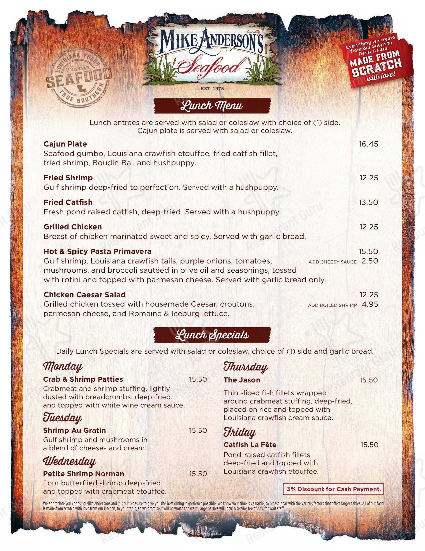 Menu at Mike Anderson's restaurant, Baton Rouge