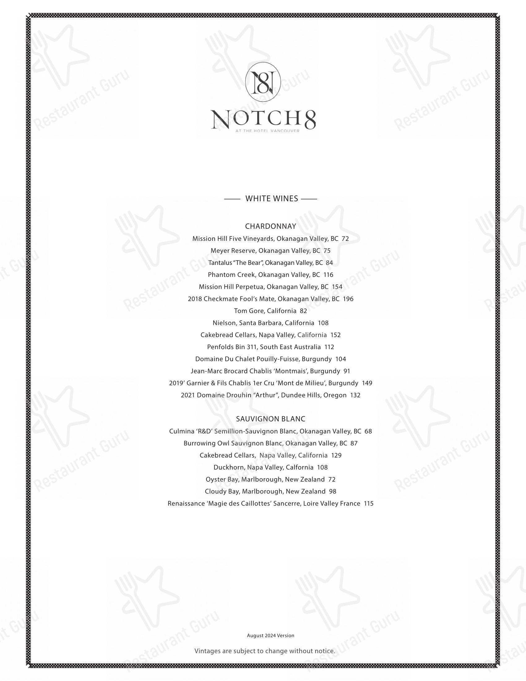 Menu at Notch8 Restaurant & Bar, Vancouver