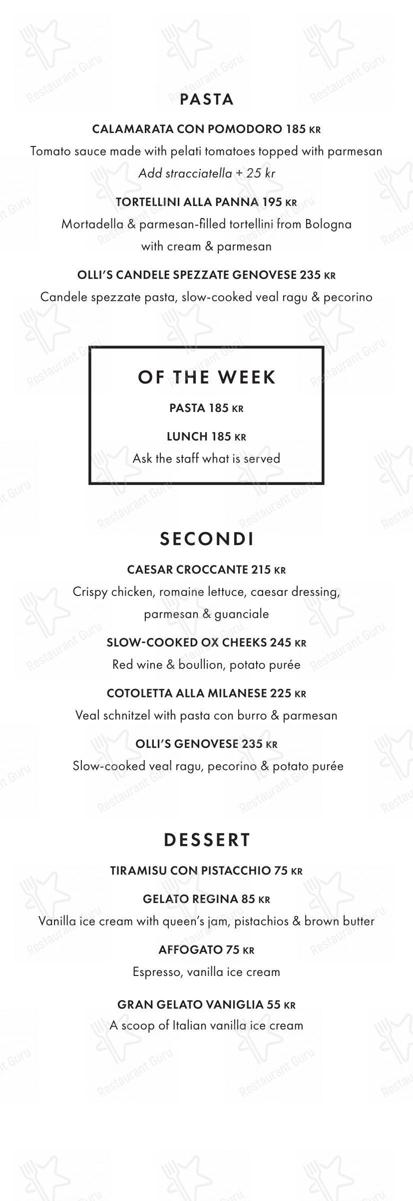 Menu at Olli Ristorante restaurant, Stockholm
