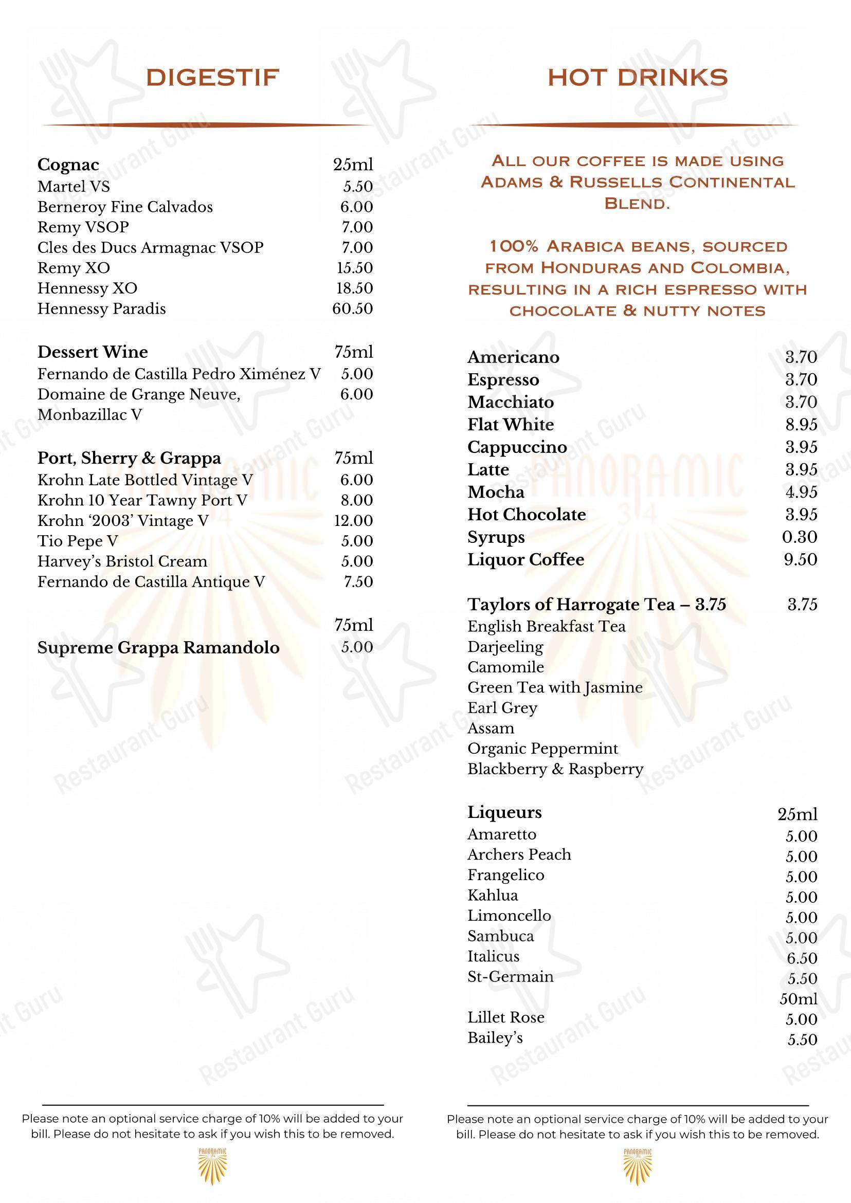 Menu at Panoramic 34 restaurant, Liverpool