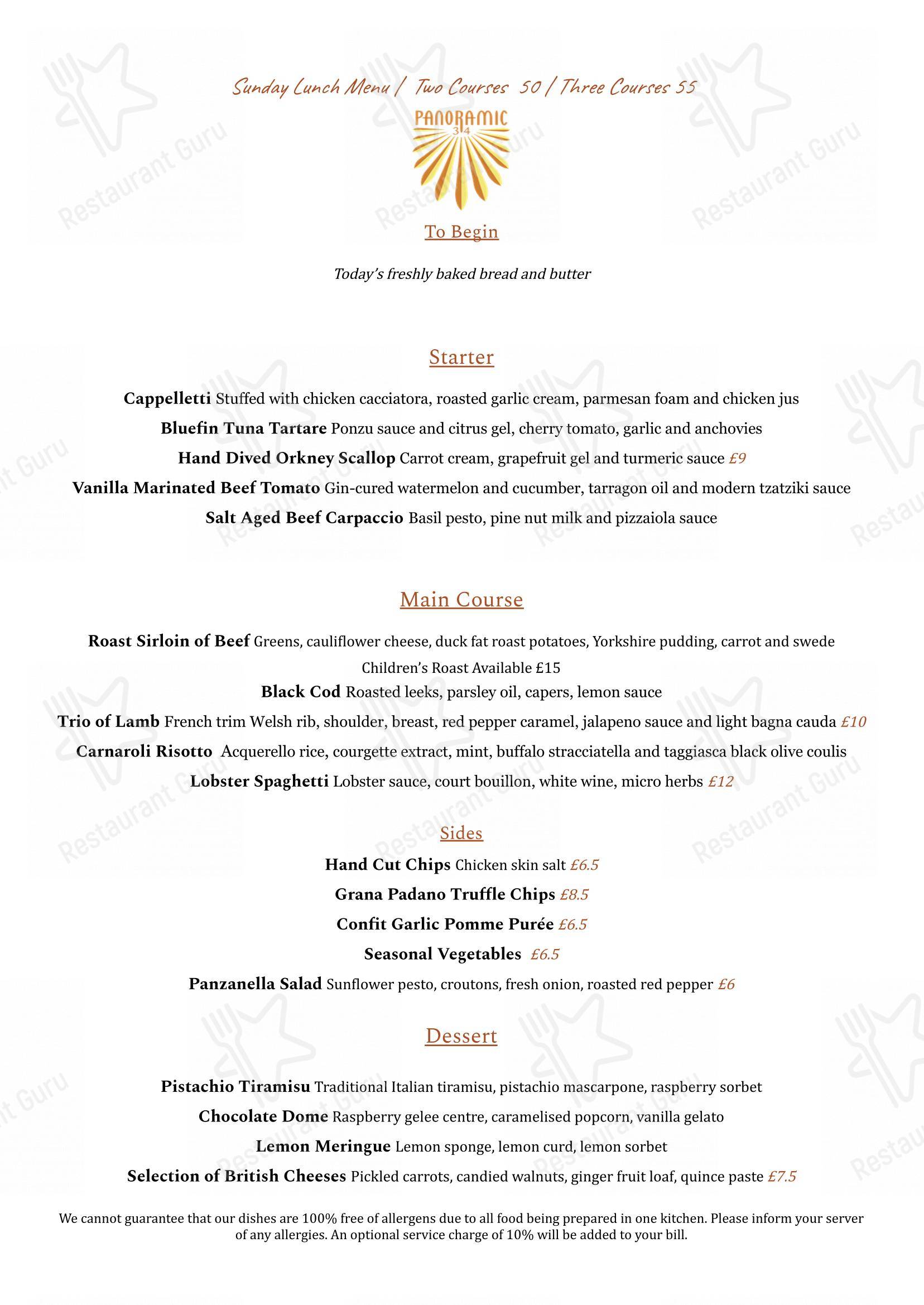 Menu at Panoramic 34 restaurant, Liverpool