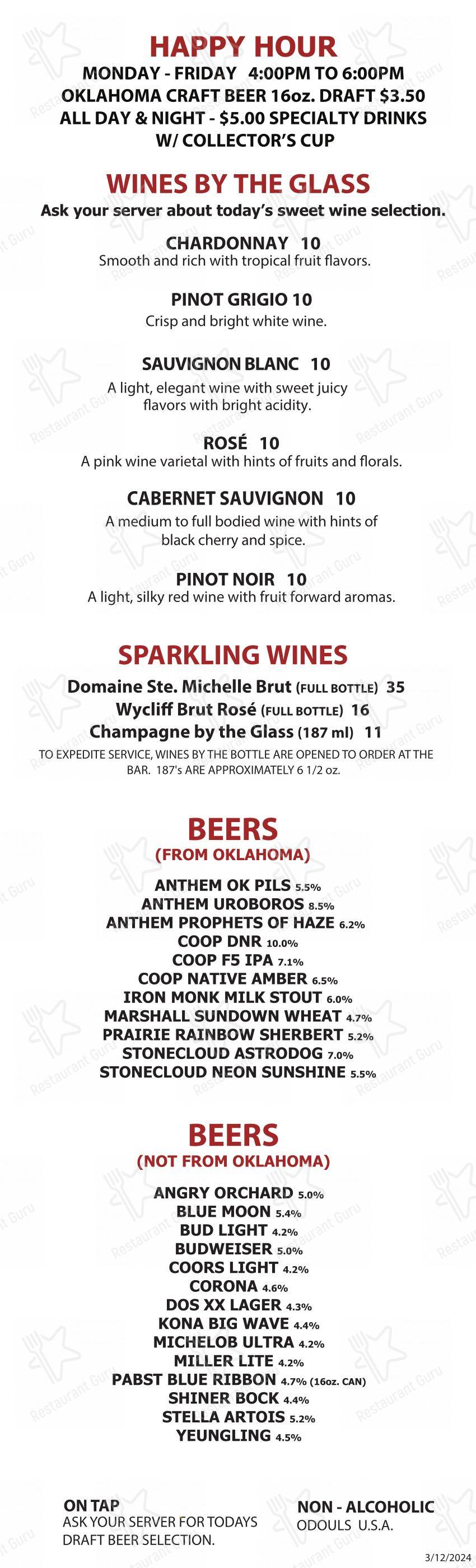 Menu at Pearl's Crabtown restaurant, Oklahoma City