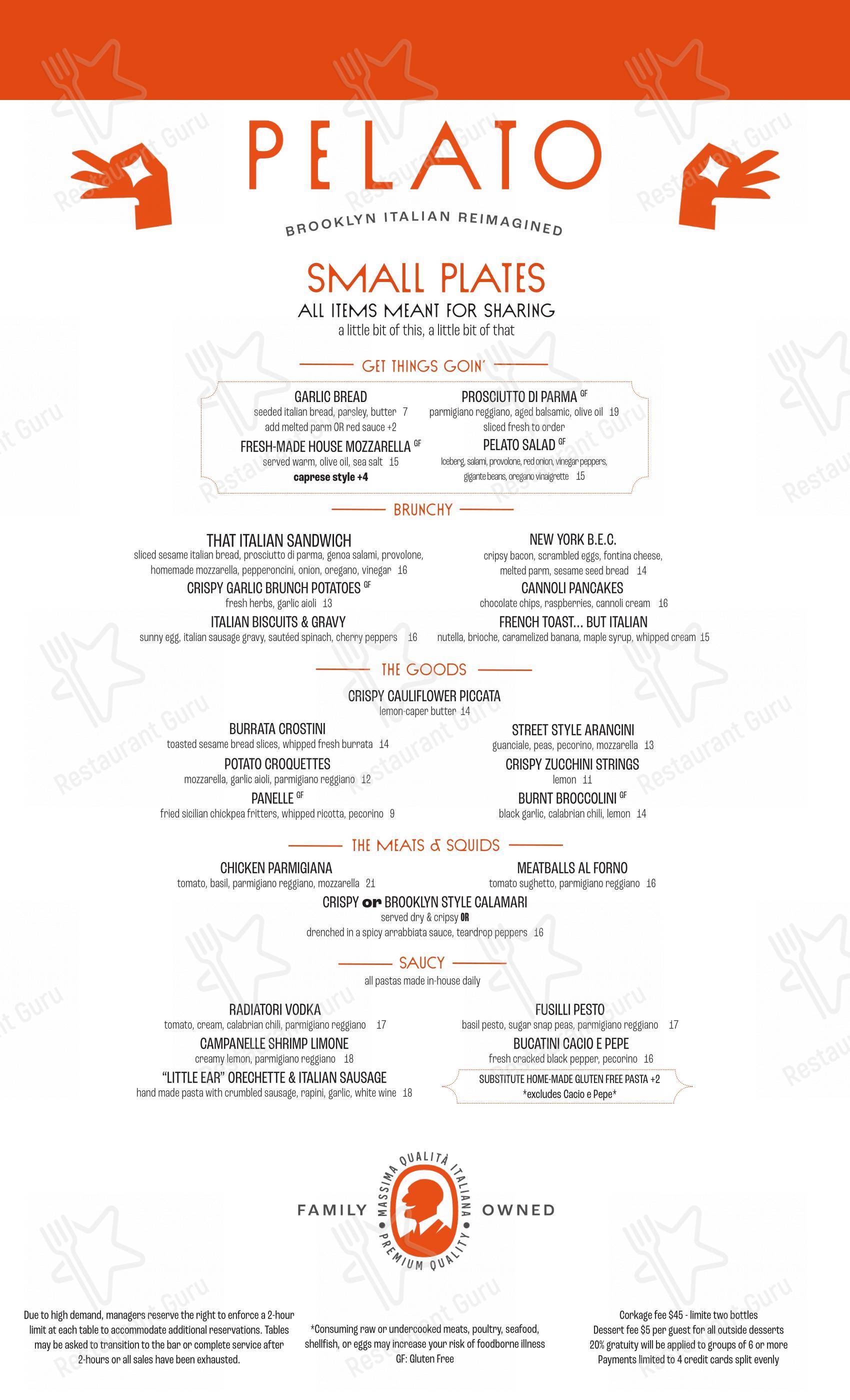 Menu at Pelato restaurant, Nashville