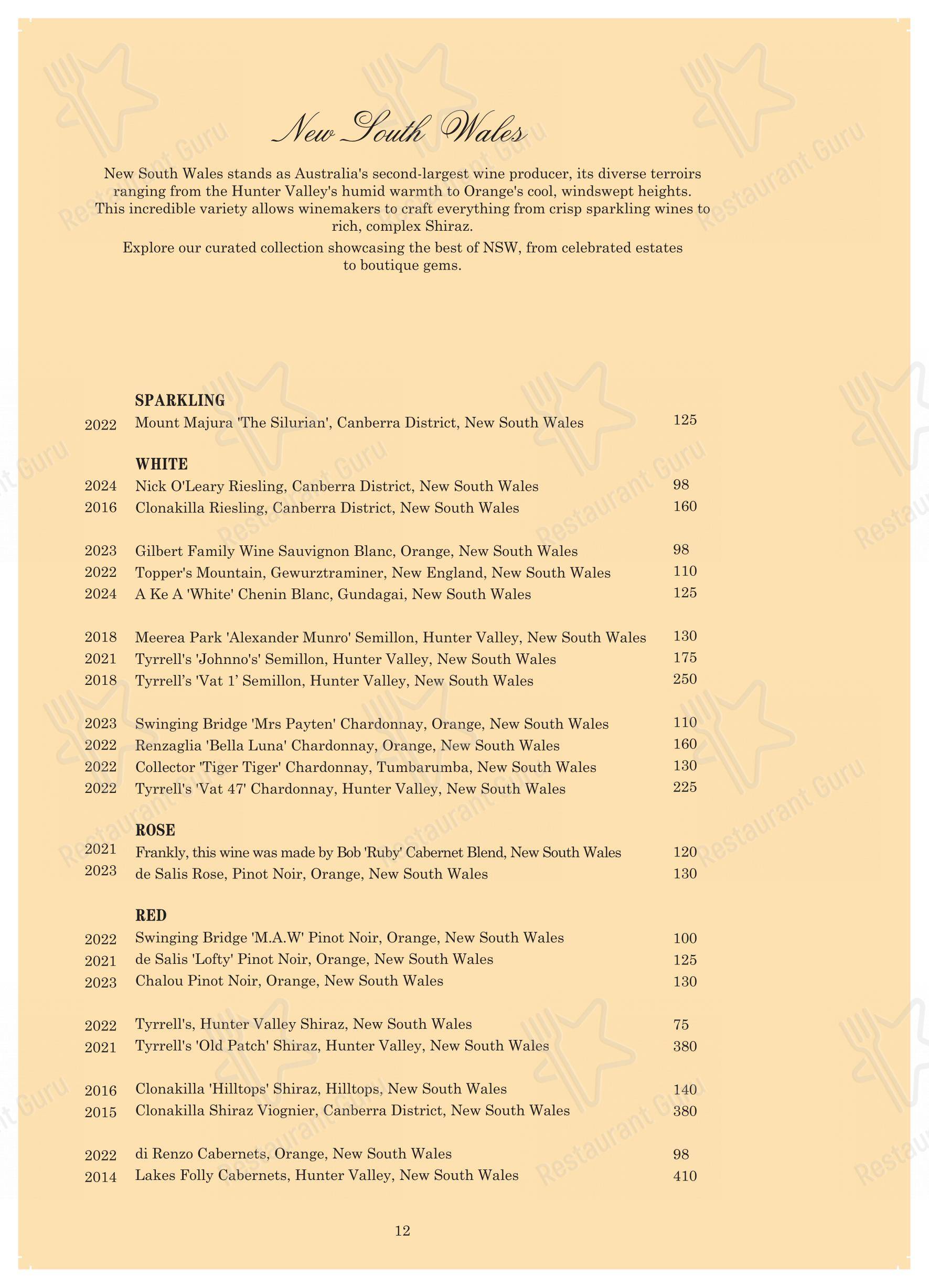 Menu at Restaurant Hubert, Sydney