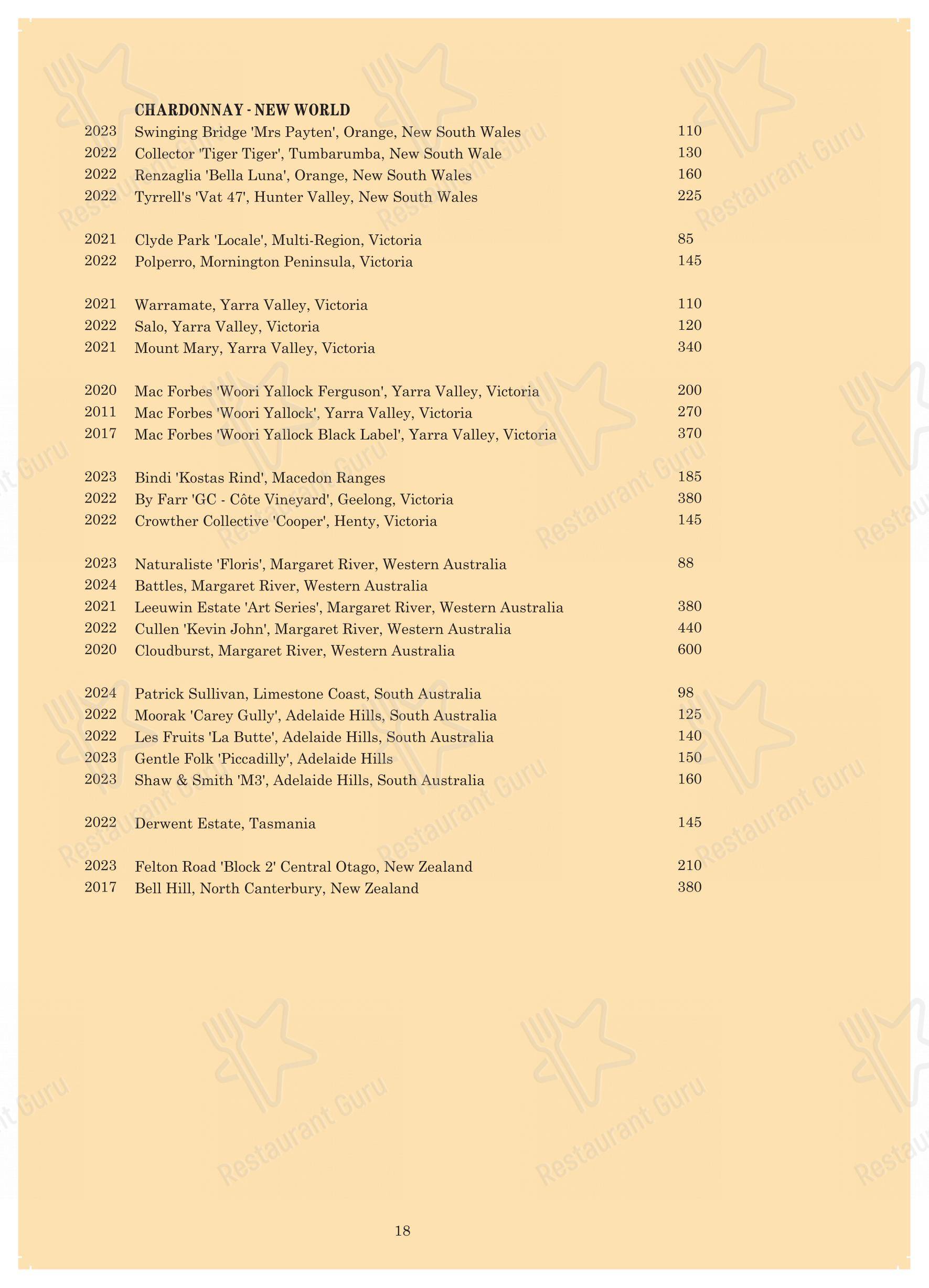Menu at Restaurant Hubert, Sydney