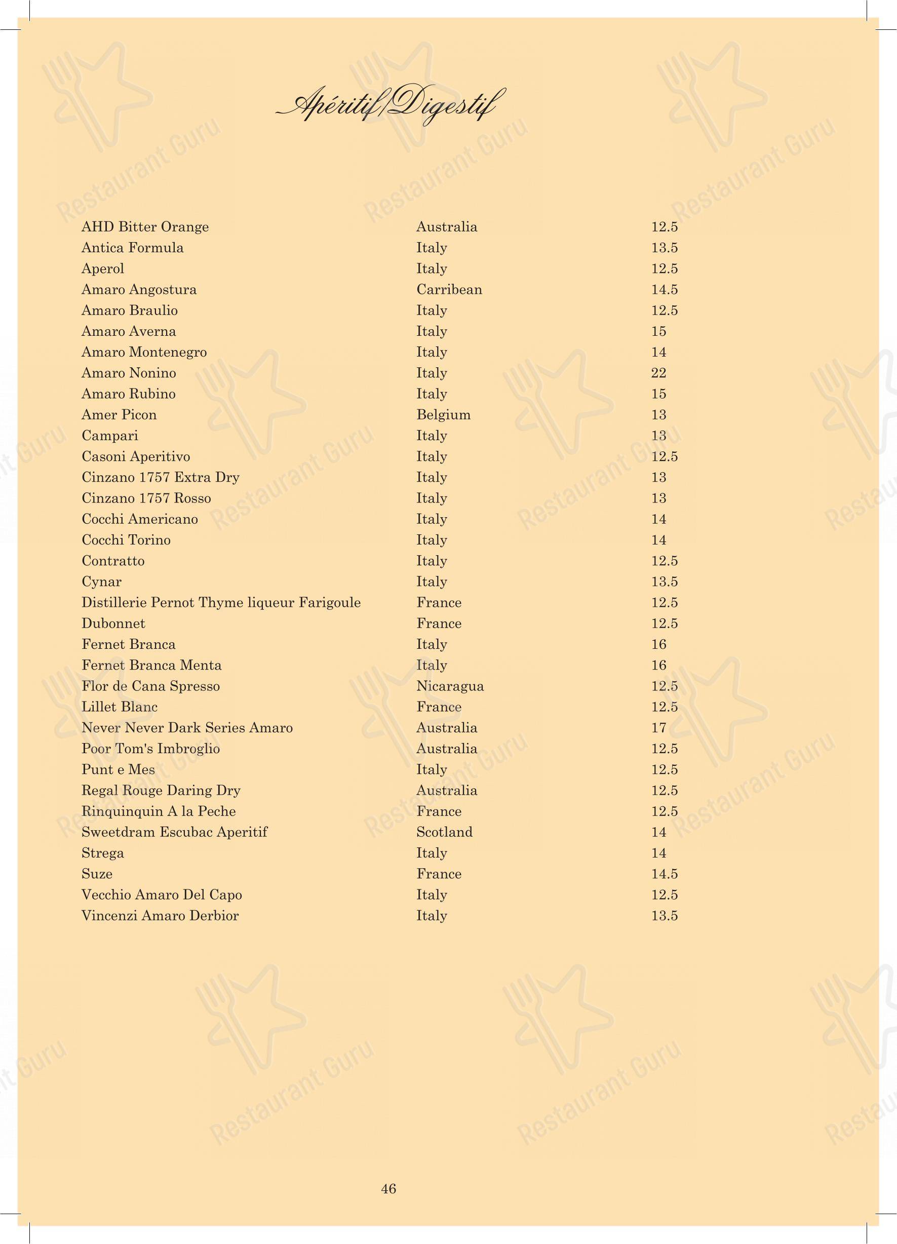 Menu at Restaurant Hubert, Sydney