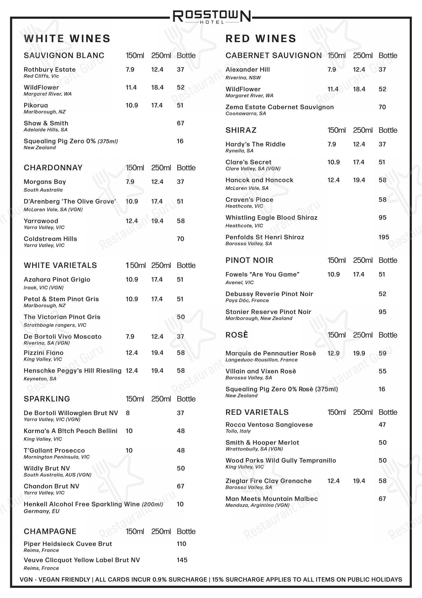 Menu at Rosstown Hotel restaurant, Carnegie