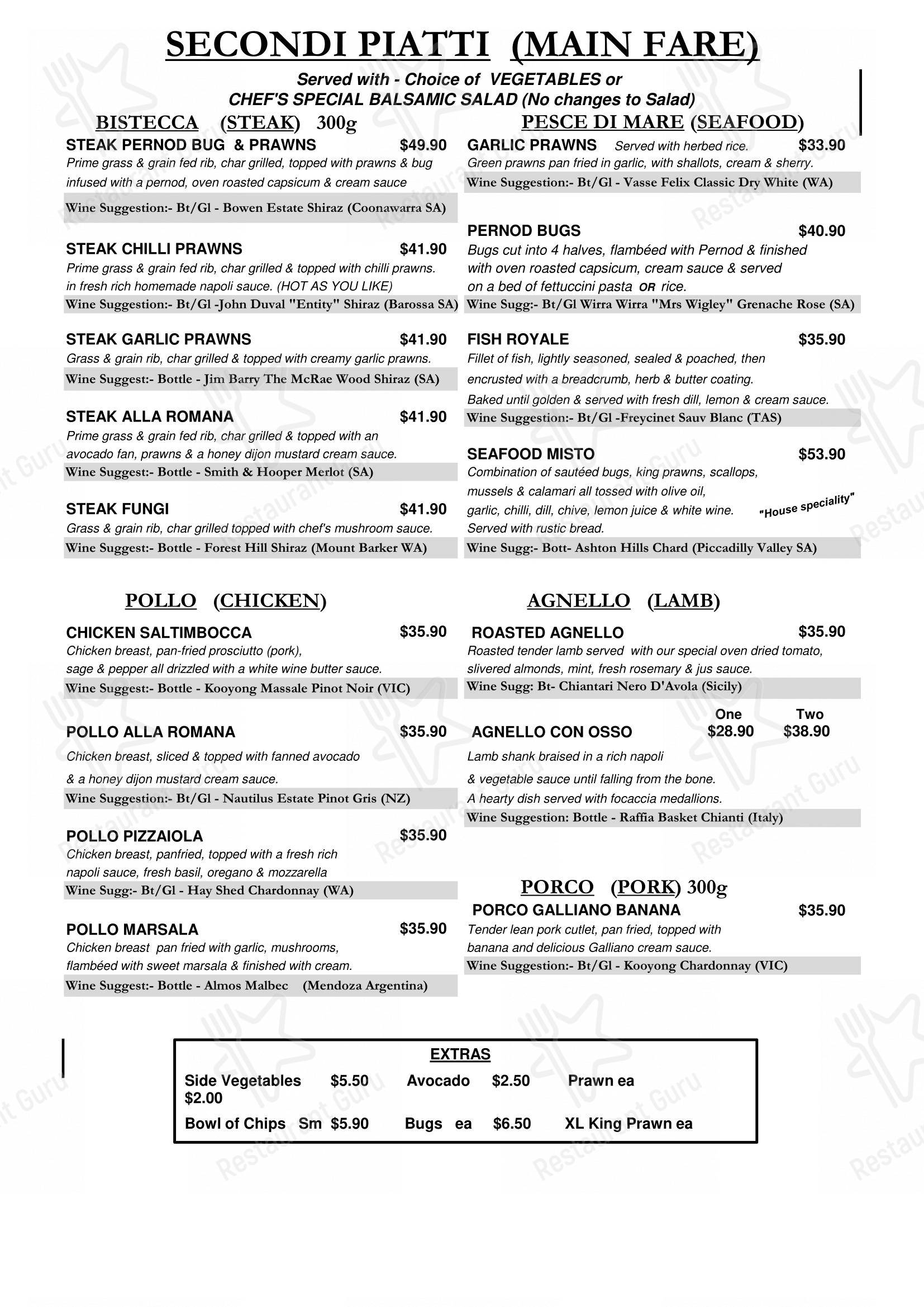 Menu at Sorbellos Italian Restaurant, Mackay, 166 Victoria Street