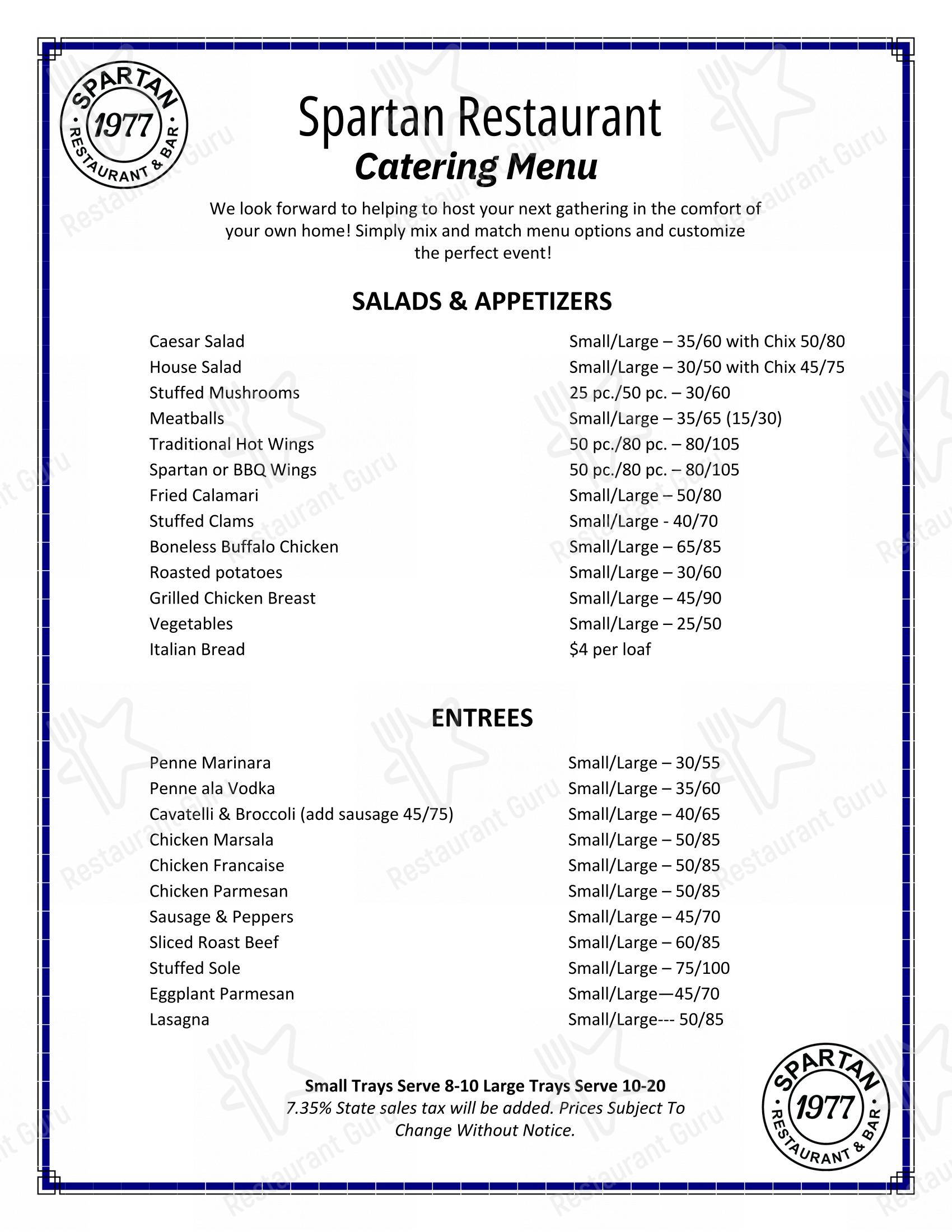 Menu at Spartan Restaurant and Bar, Waterbury