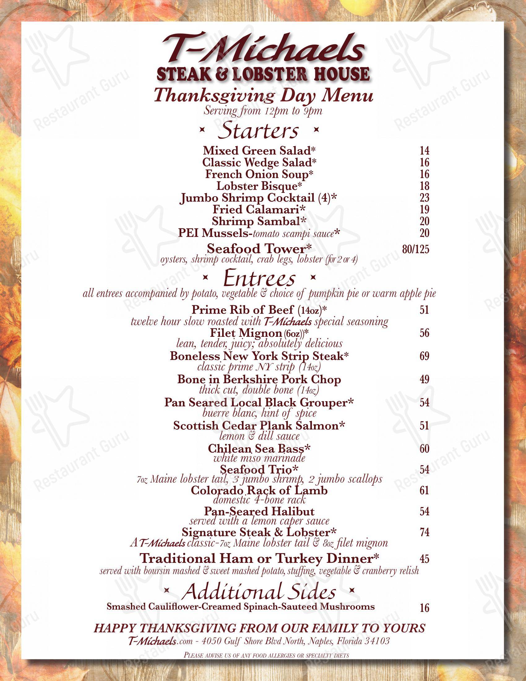 Menu at T-Michaels Steak & Lobster pub & bar, Naples