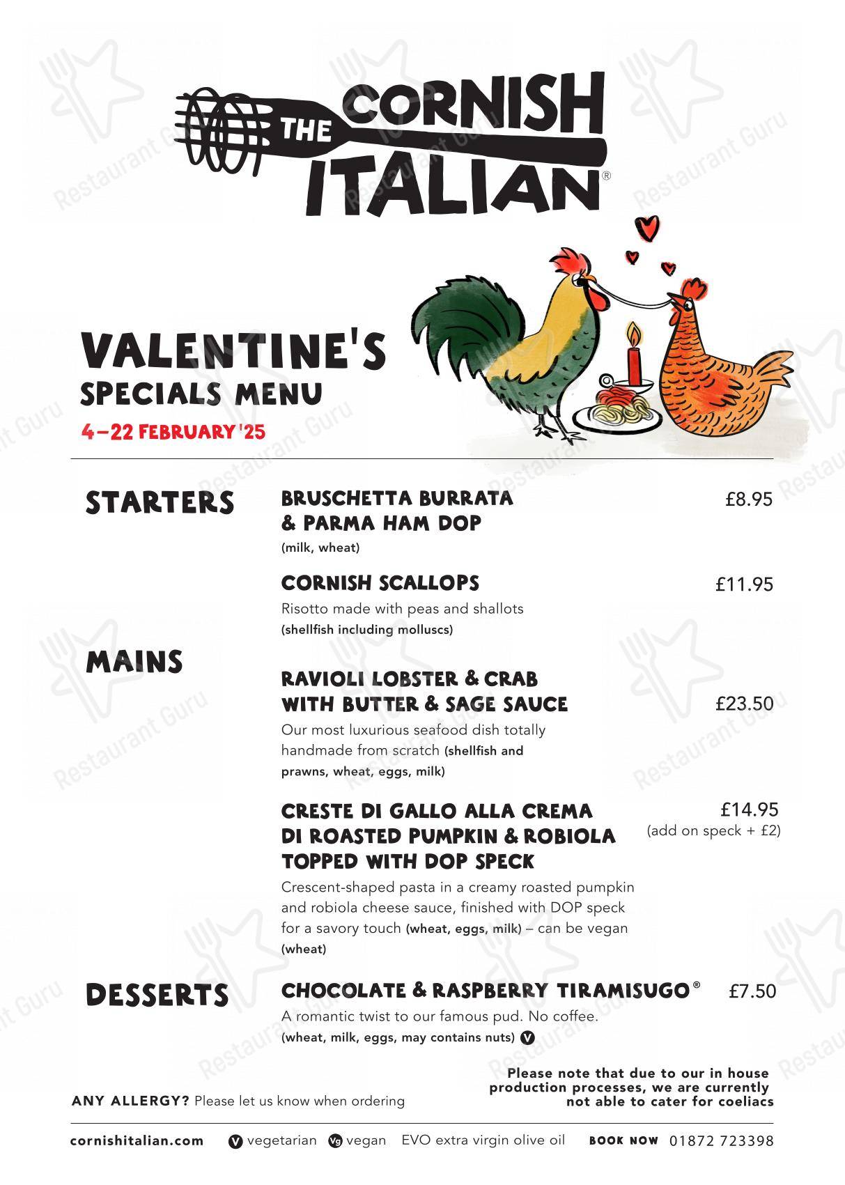 Menu at The Cornish Italian restaurant, Tregony