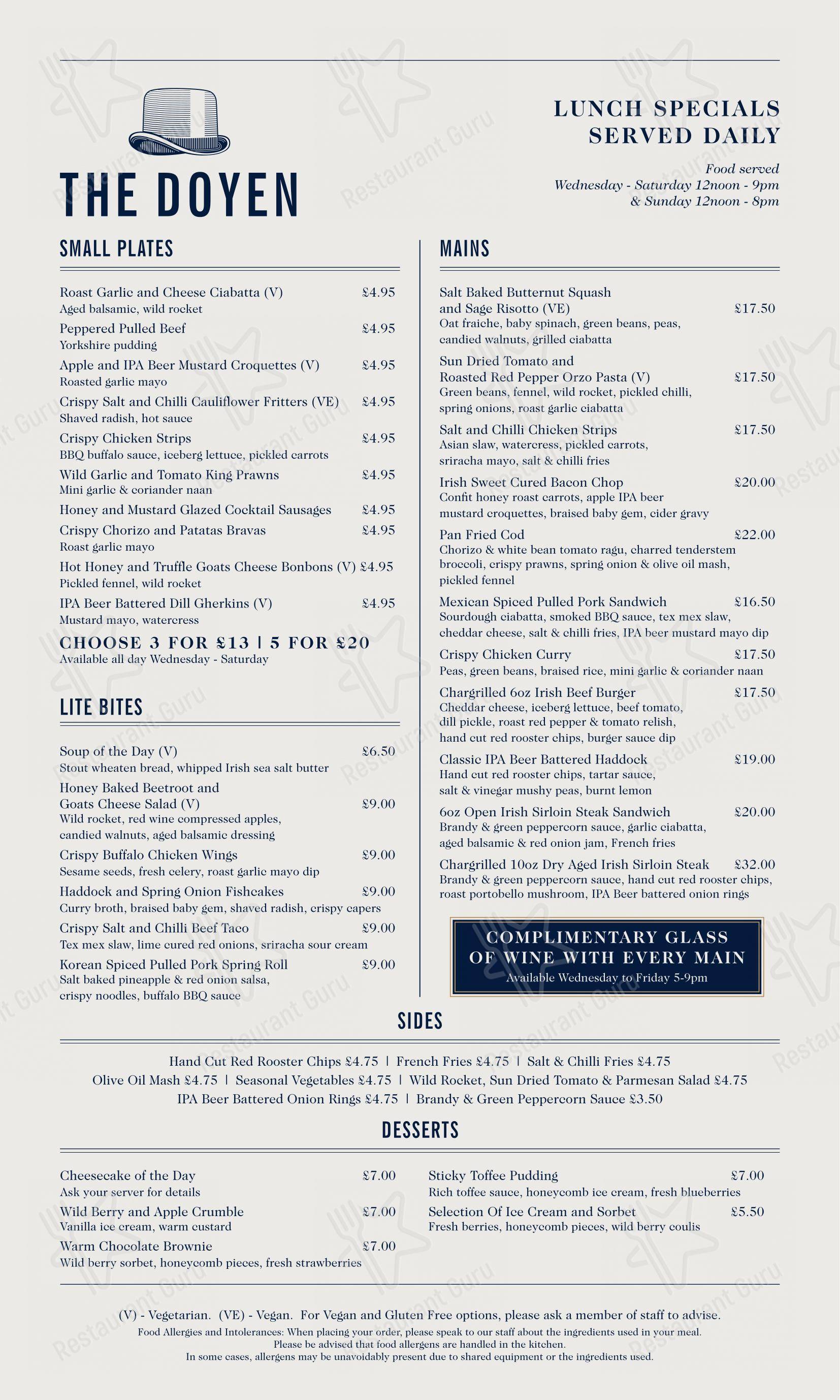 Menu at The Doyen pub & bar, Belfast, 829 Lisburn Rd