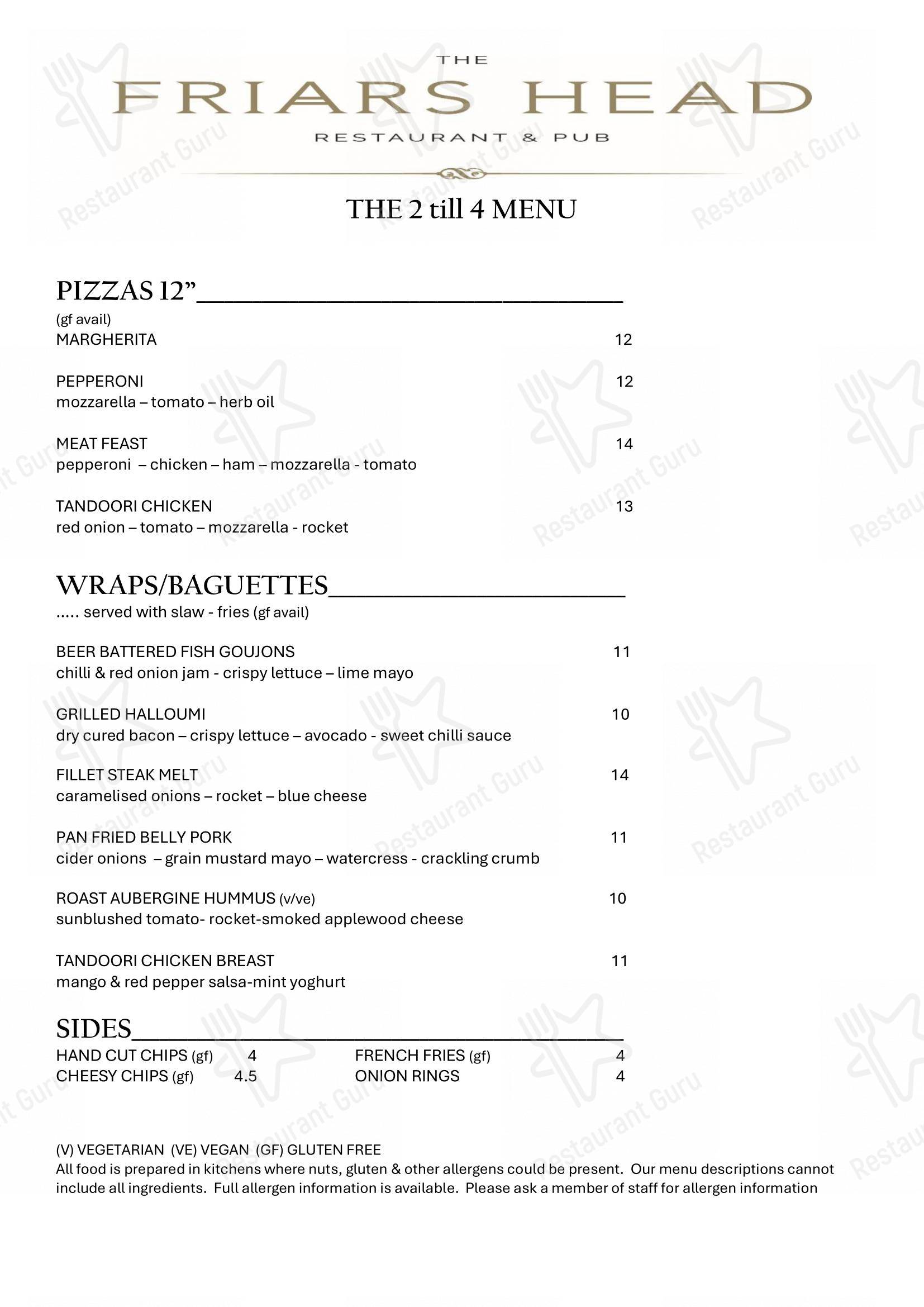Menu at The Friars Head restaurant, Akebar