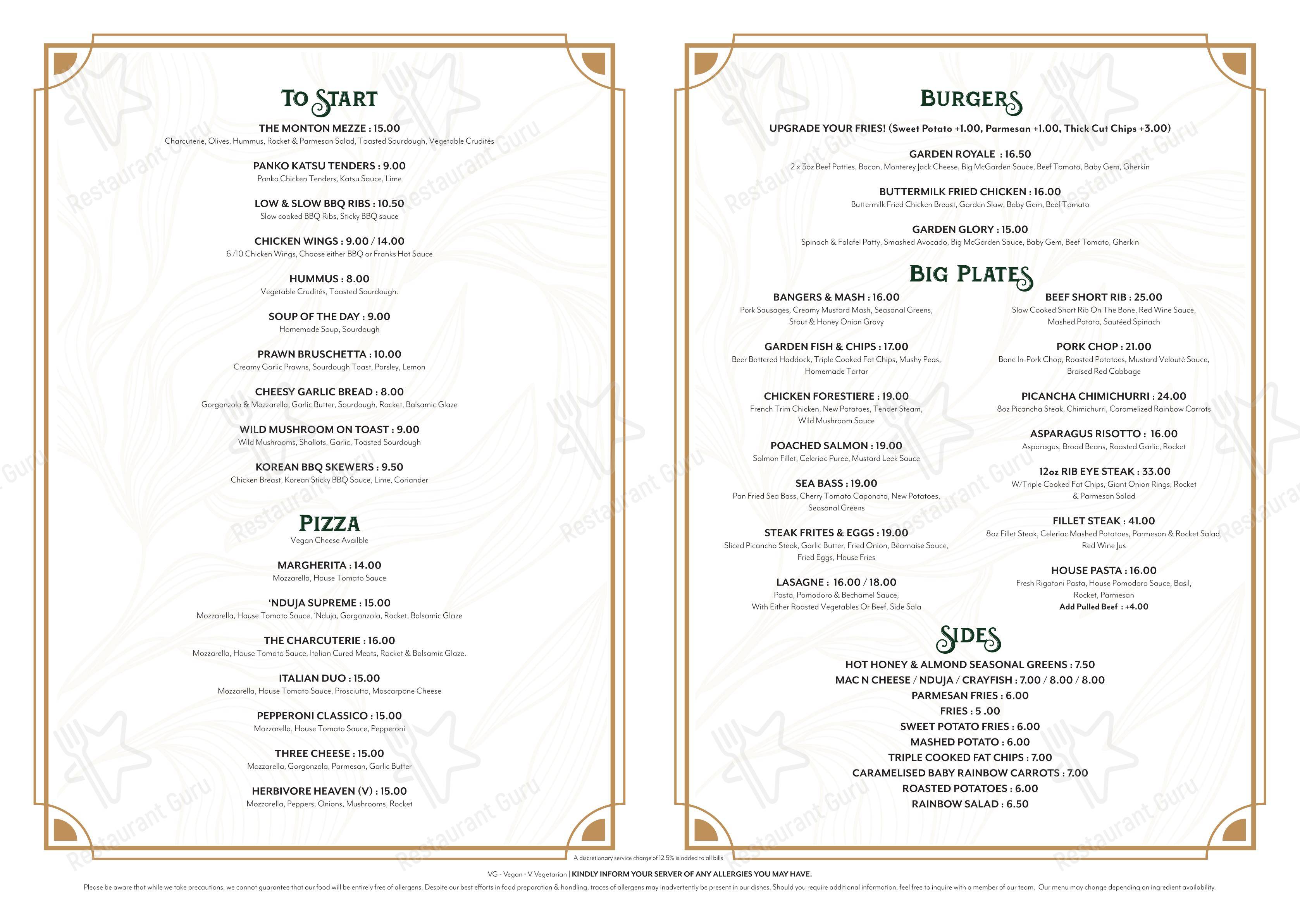 Menu at The Garden Bar & Restaurant, Monton, Manchester