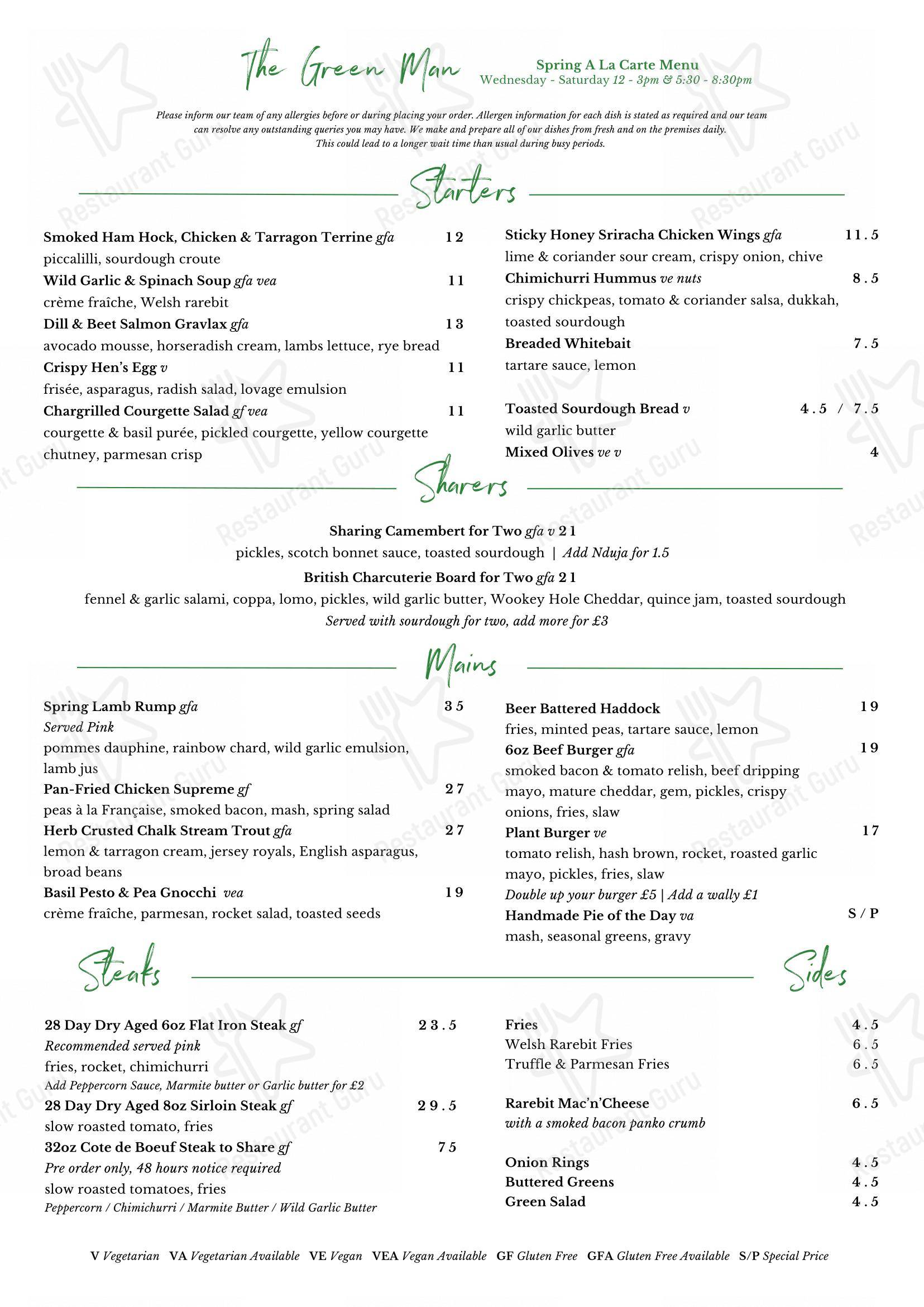 Menu at The Green Man pub & bar, Eversholt, Church End