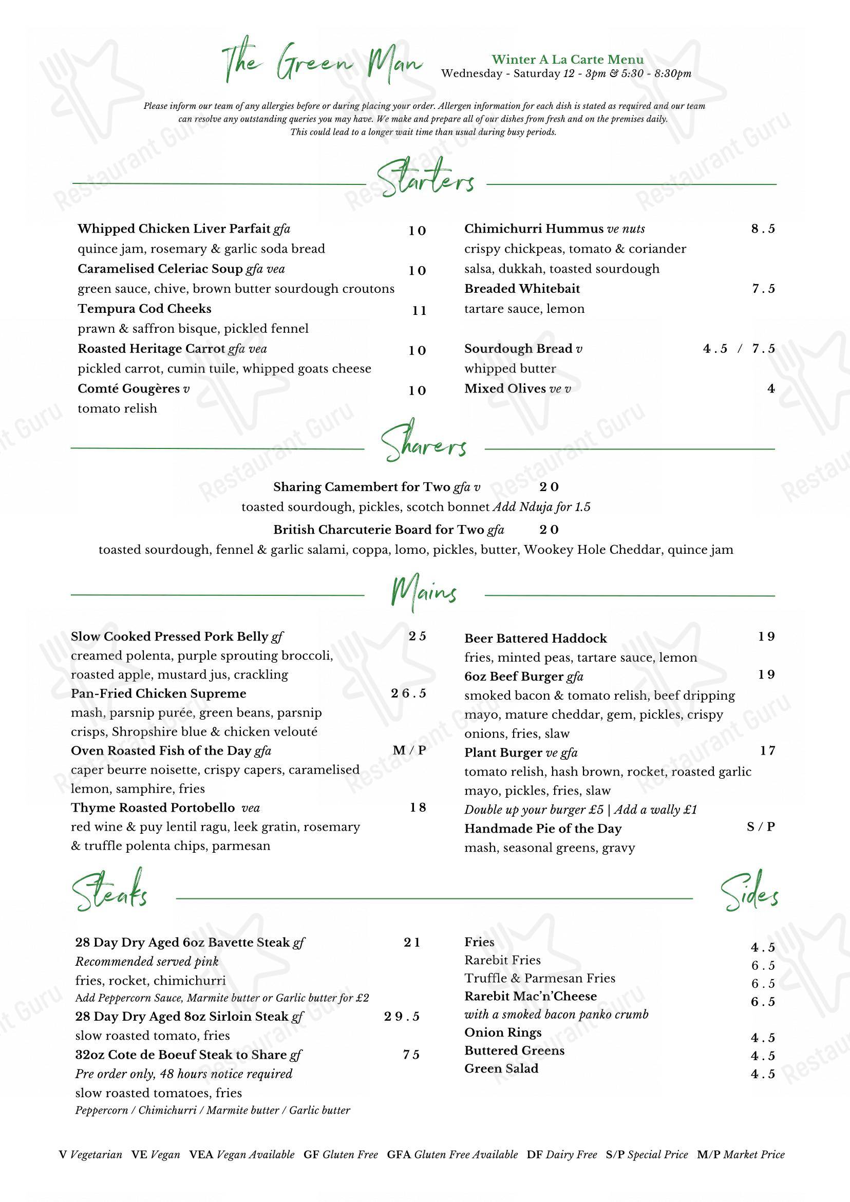 Menu at The Green Man pub & bar, Eversholt, Church End