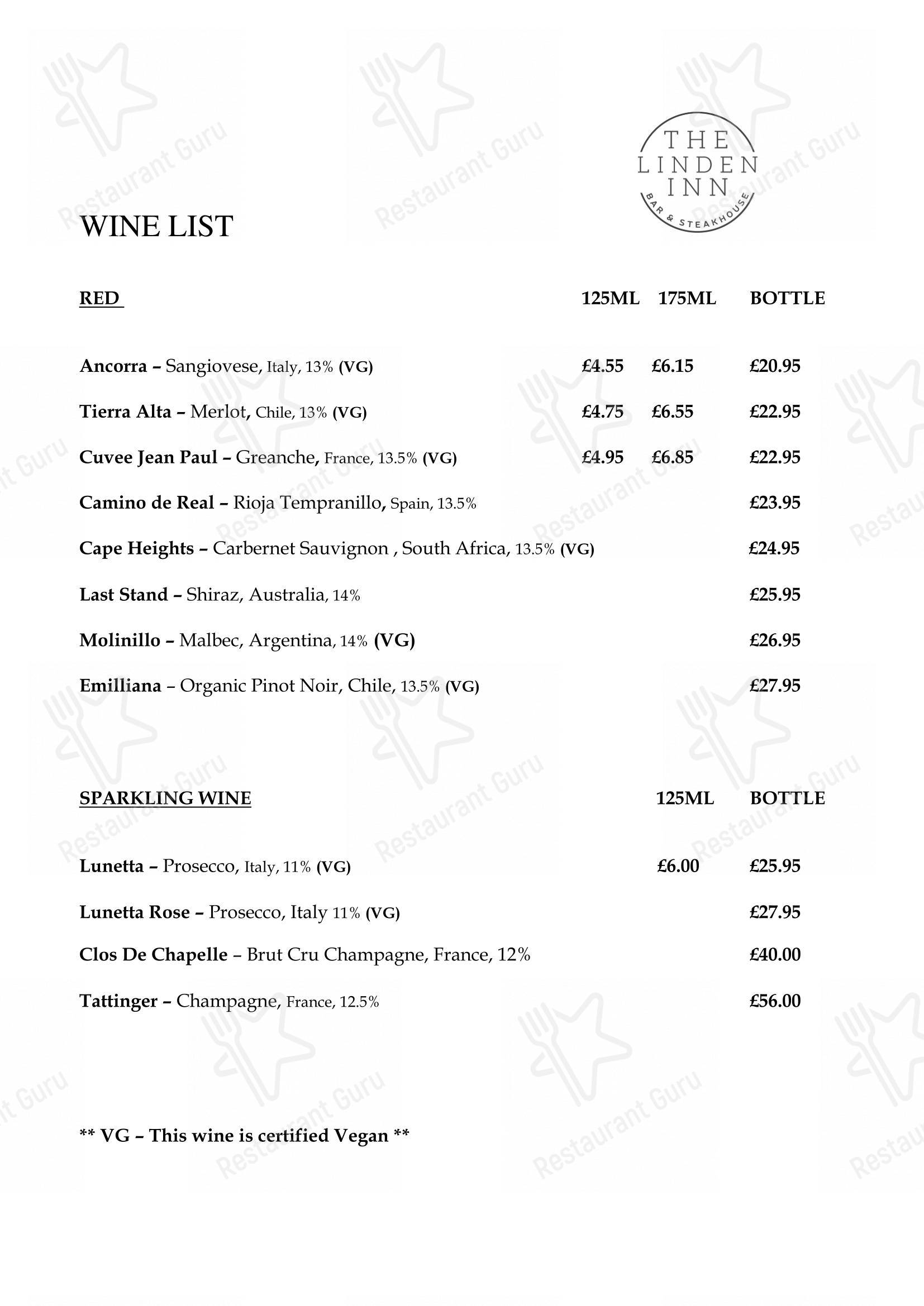 Menu at The Linden Inn Bar & Steakhouse, Stirling