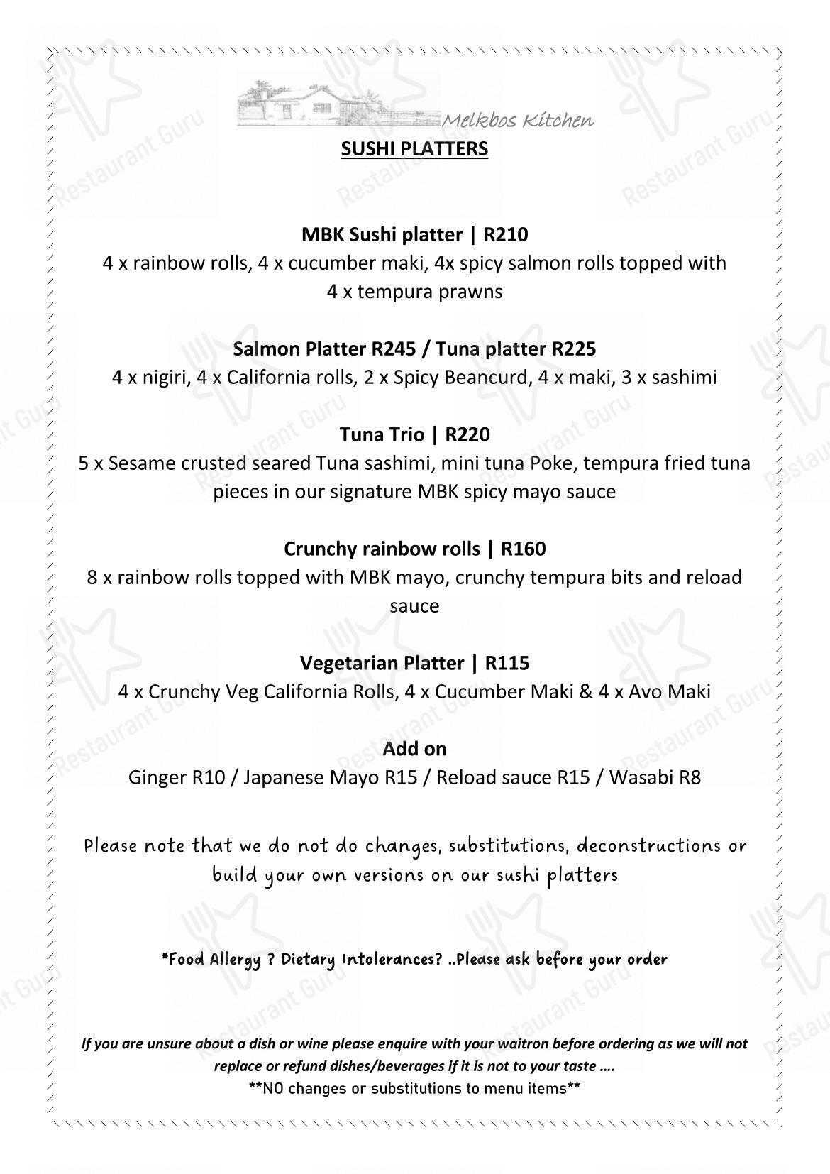 Menu at The Melkbos Kitchen restaurant, Cape Town