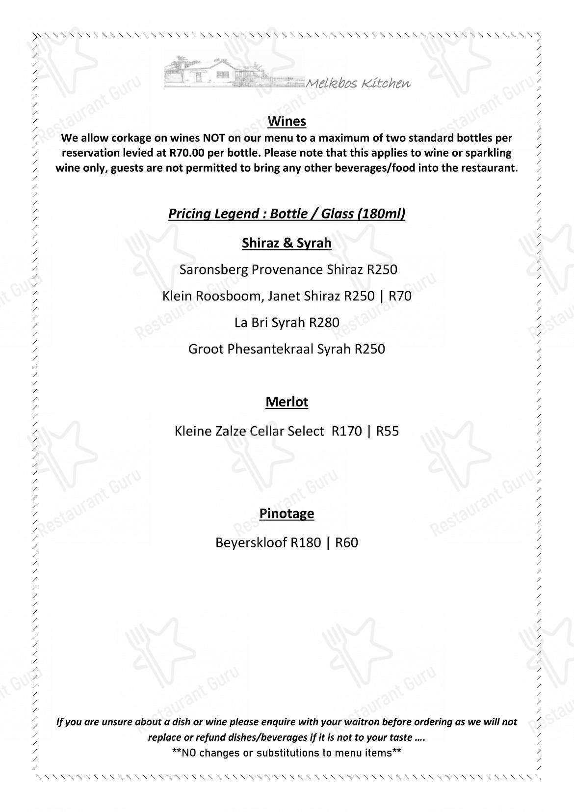 Menu at The Melkbos Kitchen restaurant, Cape Town