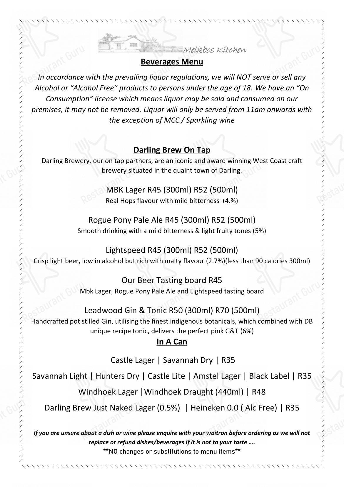 Menu at The Melkbos Kitchen restaurant, Cape Town