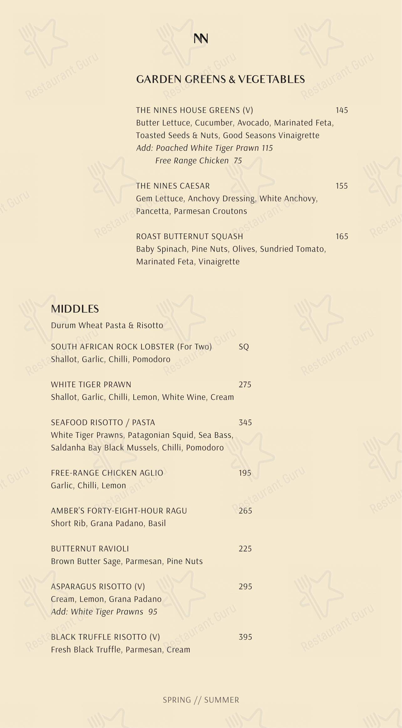 Menu at The Nines restaurant, Cape Town