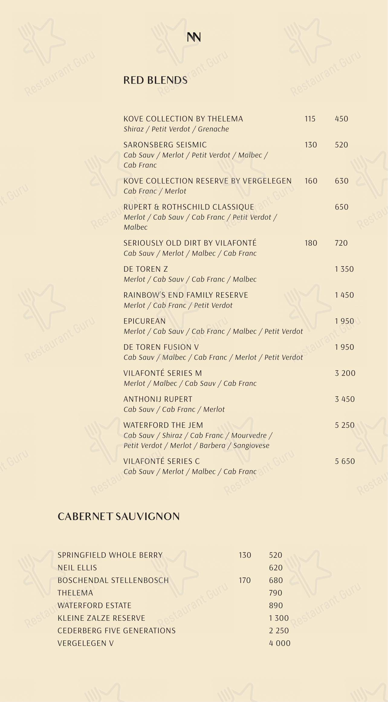 Menu at The Nines restaurant, Cape Town