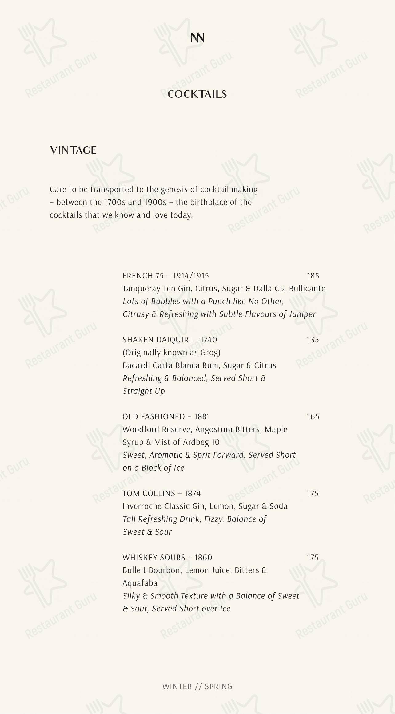 Menu at The Nines restaurant, Cape Town