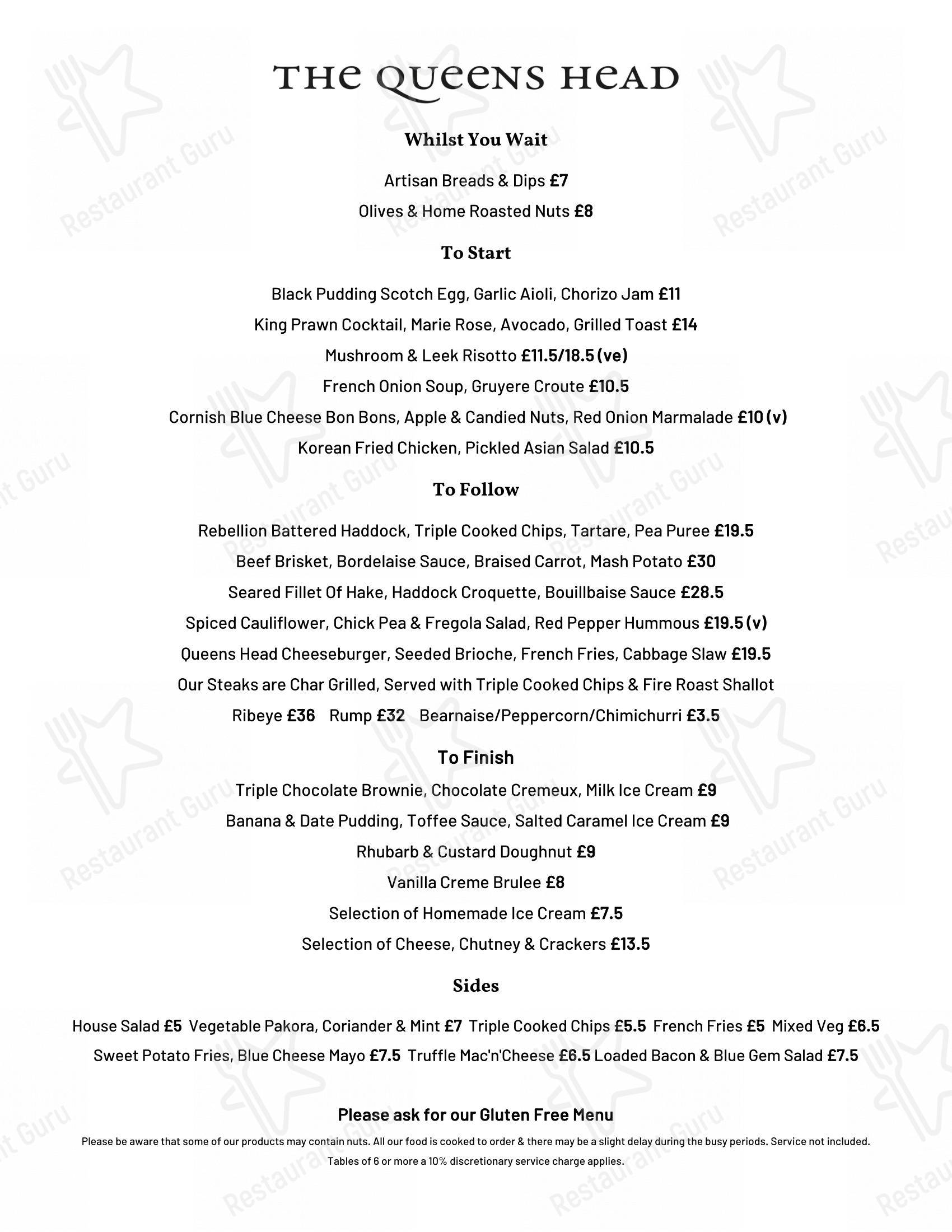 Menu at The Queens Head pub & bar, Marlow, The Queens Head