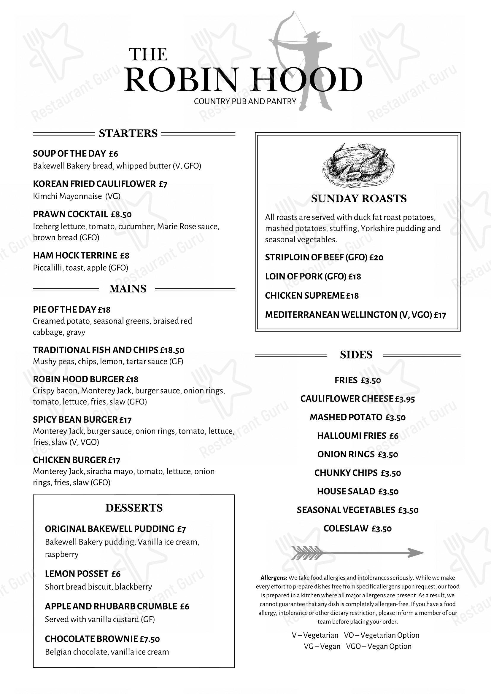 Carta del pub y bar The Robin Hood Inn, Baslow and Bubnell