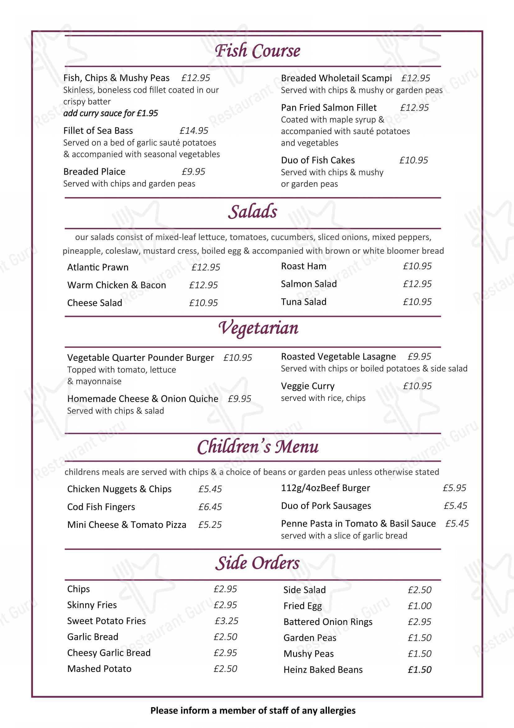 Menu at The Shepherd & Shepherdess Inn restaurant, Stanley
