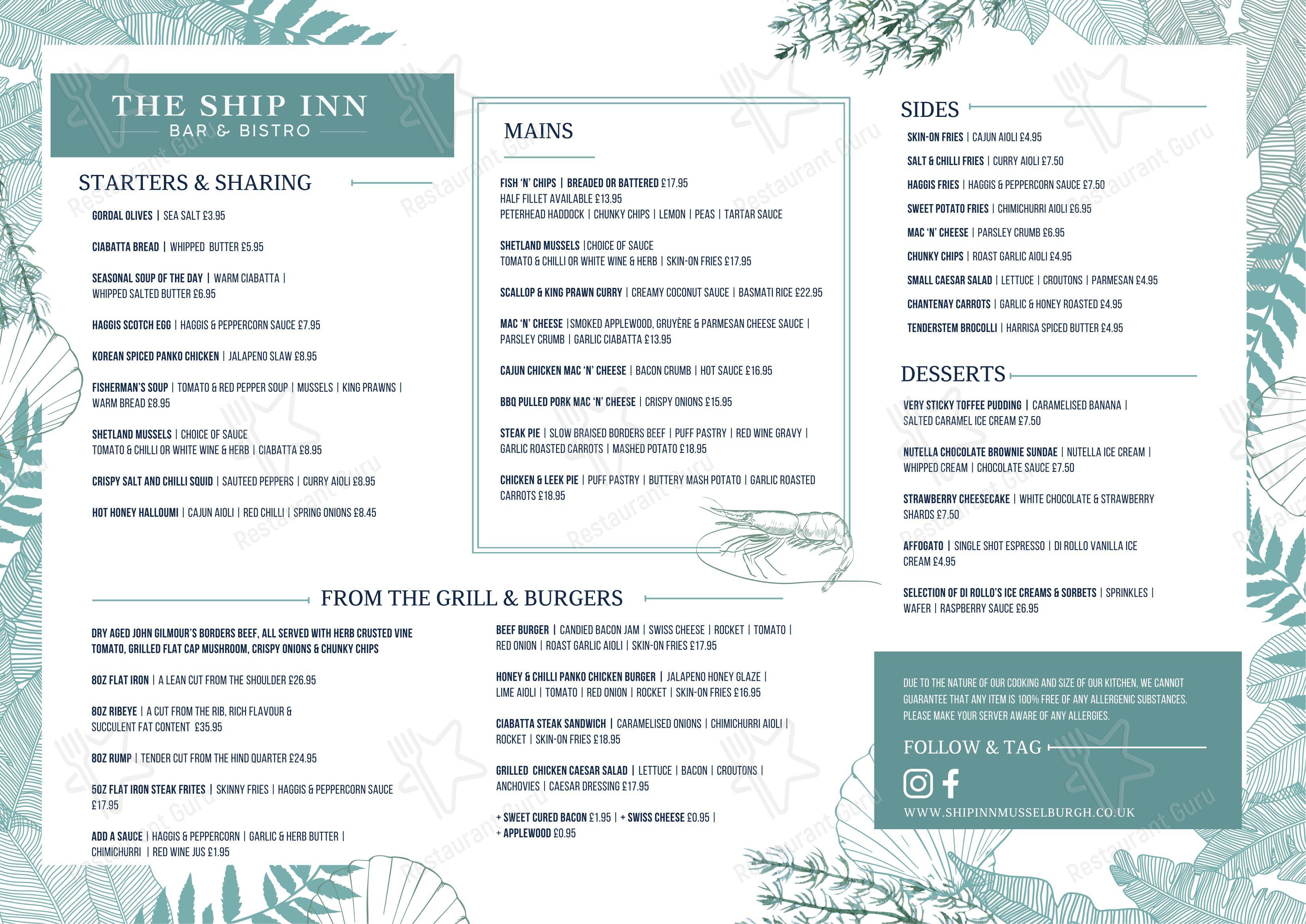 Menu at The Ship Inn pub & bar, Musselburgh