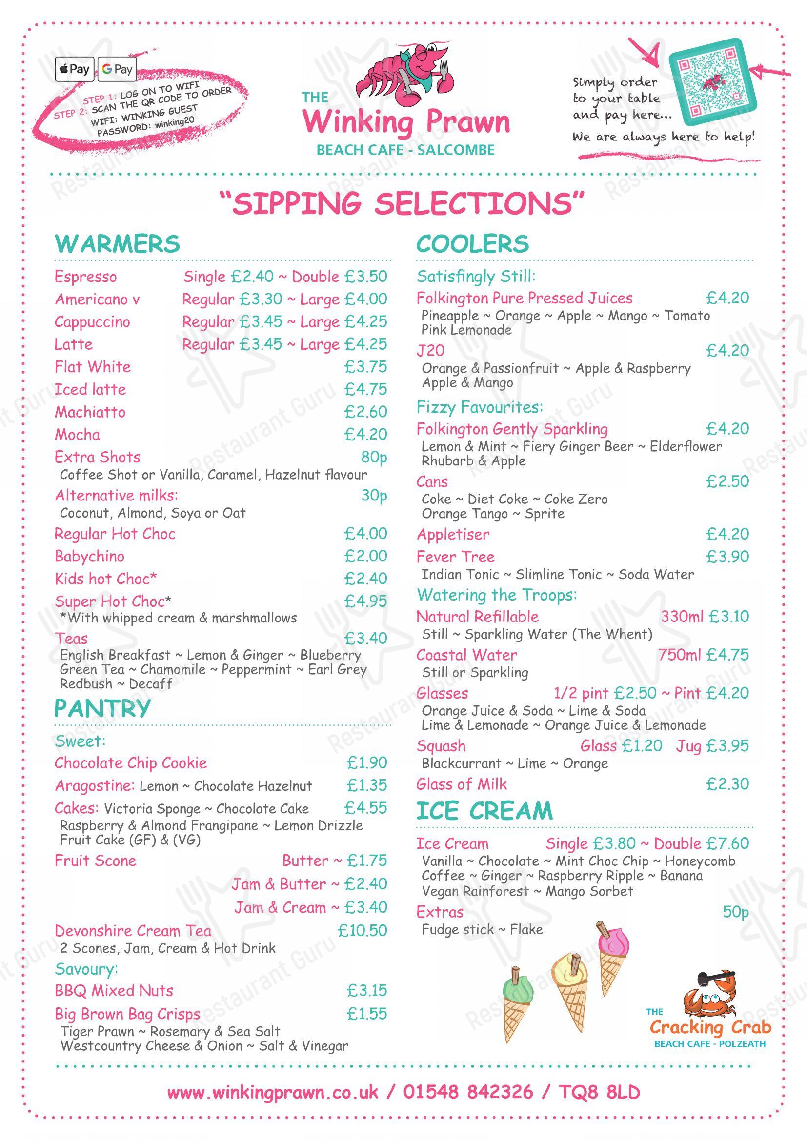 Menu at The Winking Prawn restaurant, Salcombe