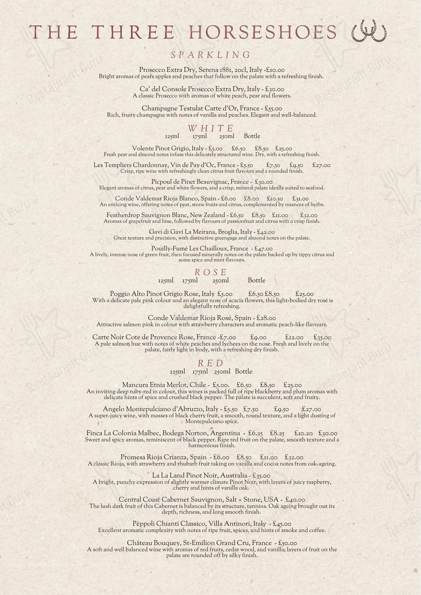 Menu at Three Horseshoes pub & bar, Henley-on-Thames