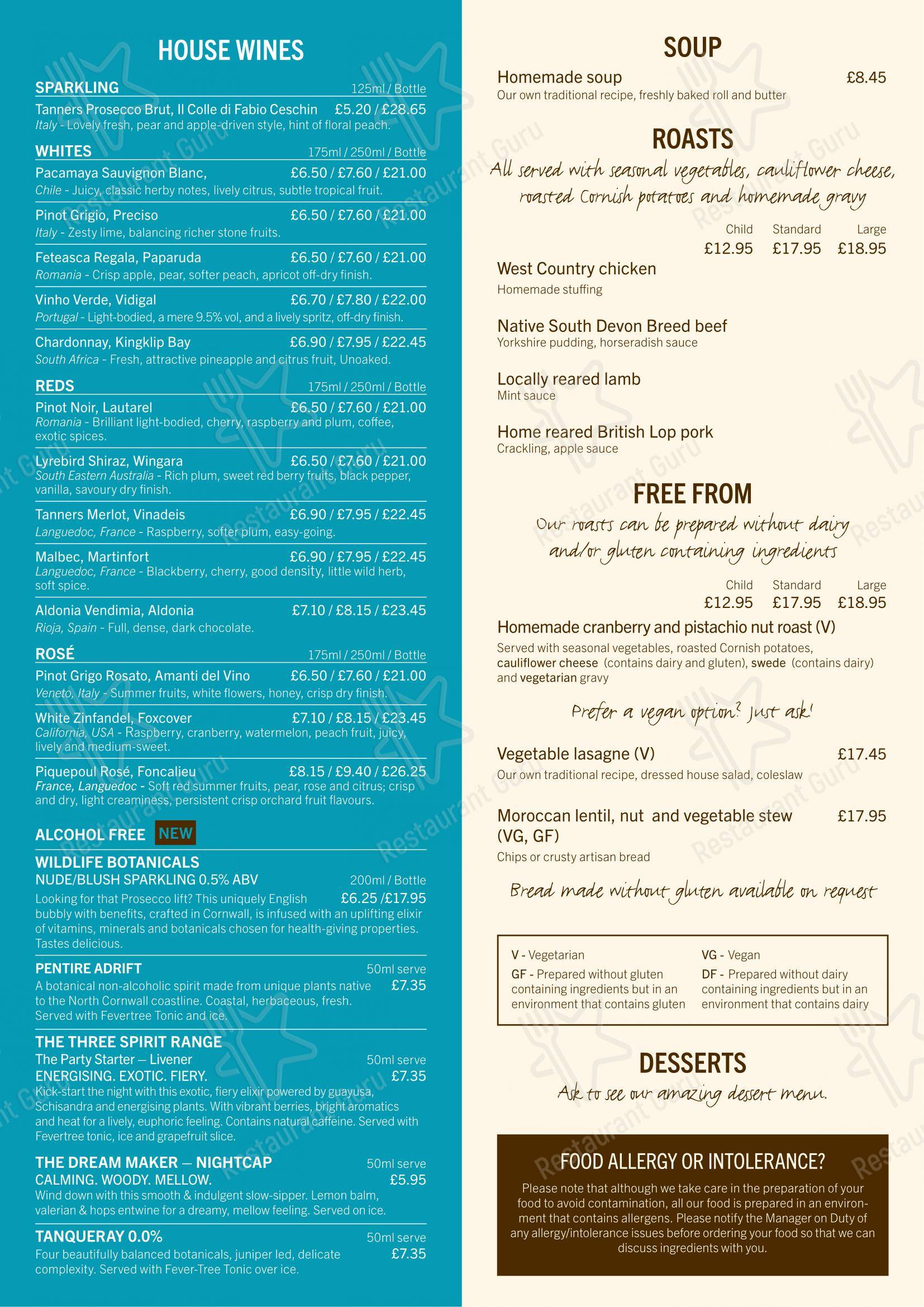 Menu at Trevaskis Farm restaurant, Gwinear-Gwithian
