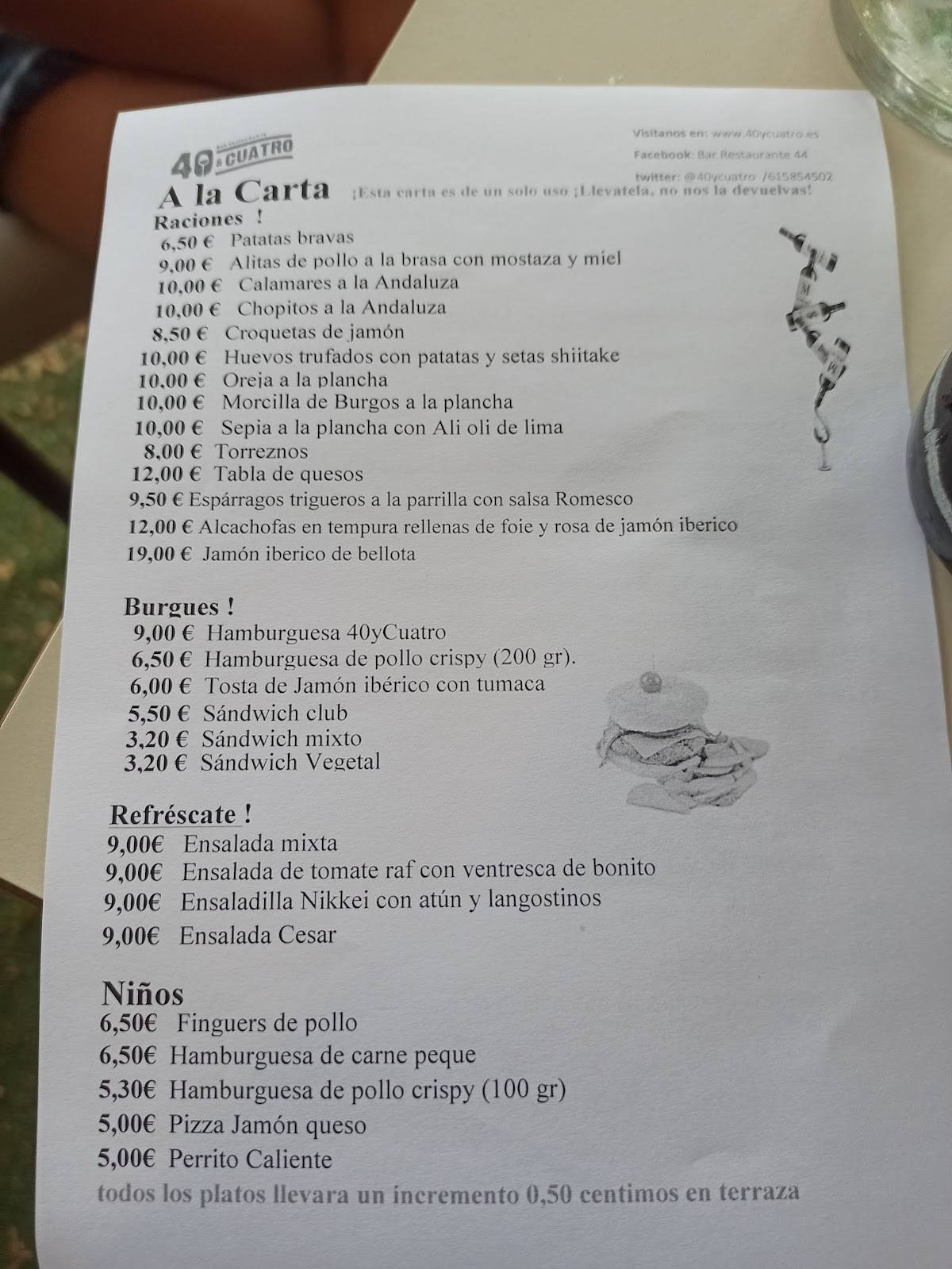 Carta de Restaurante 44, Madrid