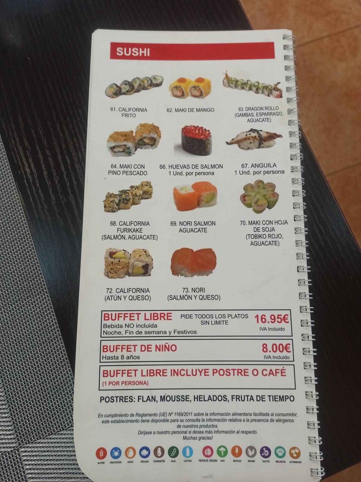 Carta de restaurante japones KOBE, Valencia