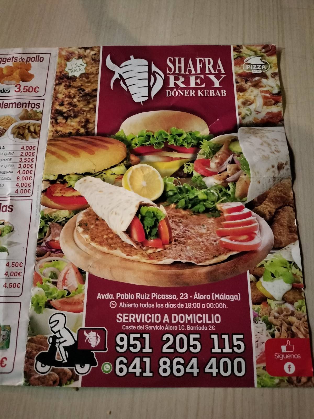 Carta del restaurante shafra rey doner kebab, Álora