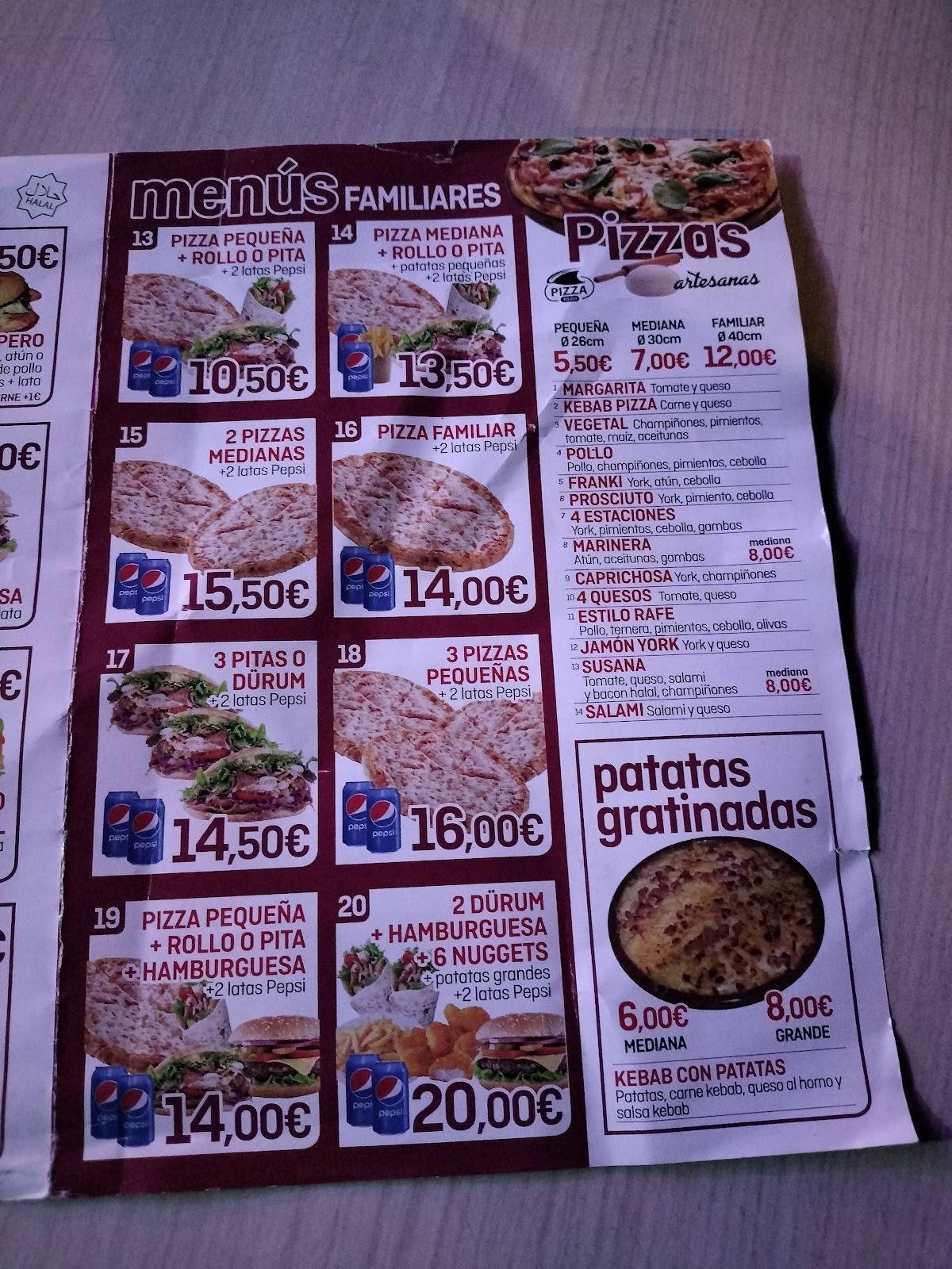 Carta del restaurante shafra rey doner kebab, Álora